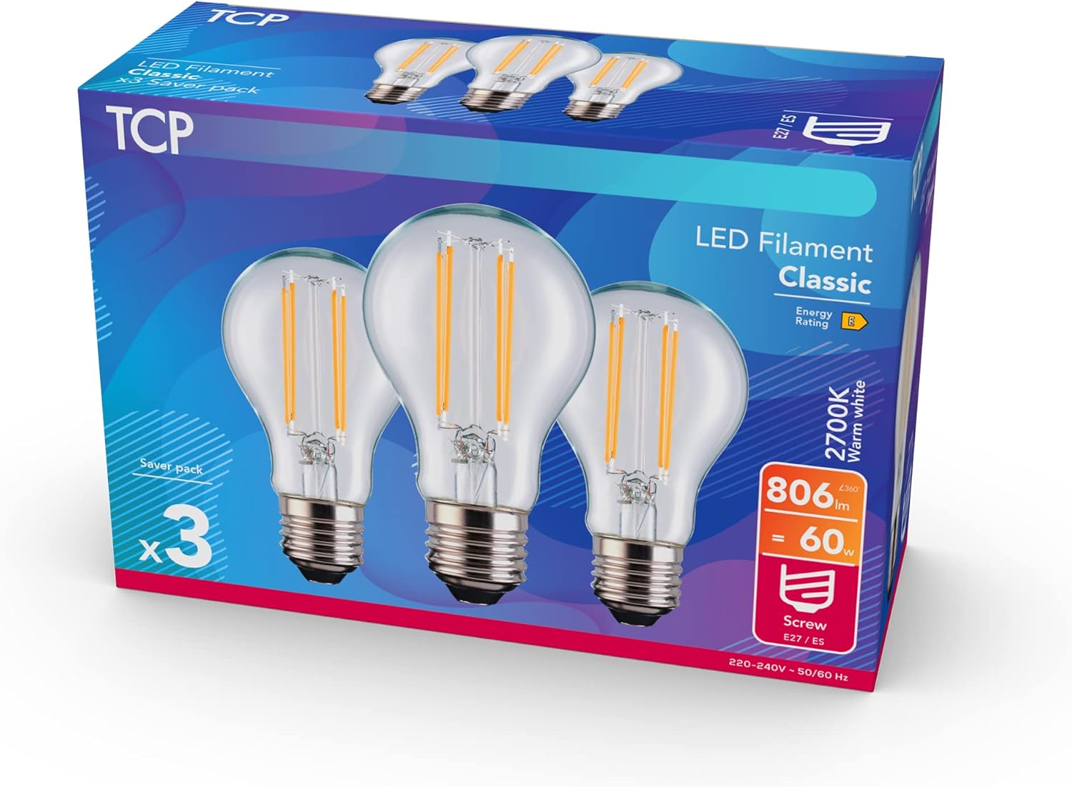 TCP 60W 2700 K 806L E27 Filament Clear Glass LED Bulb 3-Piece Pack ...