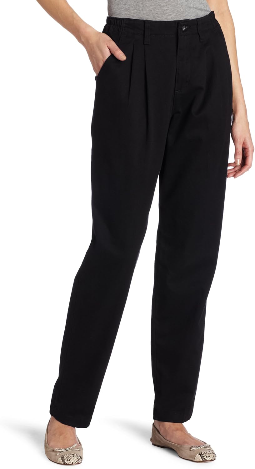 Lee Women's Relaxed Fit Side Elastic Pleated Pant, Black, 4 Long at ...