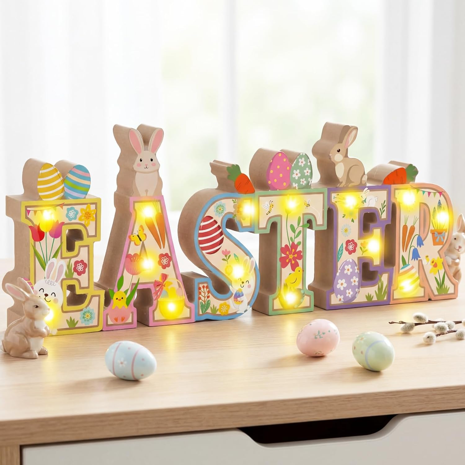 Amazon.com: Patelai Easter Table Decoration Wooden Sign with LED Lights ...