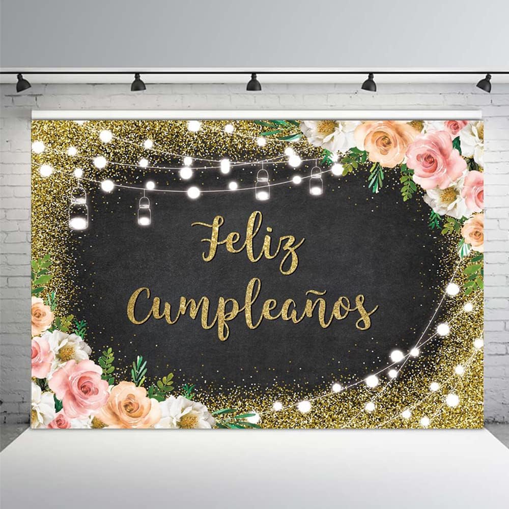 Amazon.com : Mocsicka Feliz Cumpleaños Backdrop Black and Gold Mexican ...