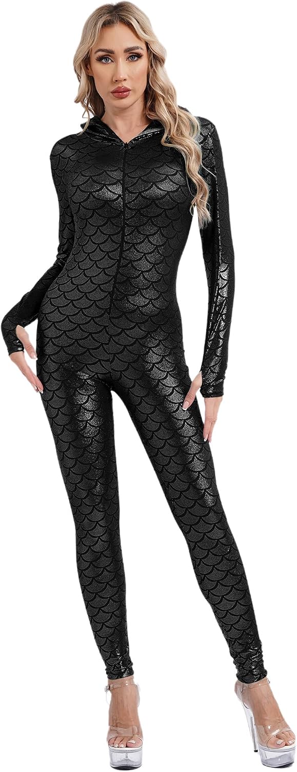 Amazon.com: Linjinx Women's Shiny Fish Scales Mermaid Catsuit Long ...