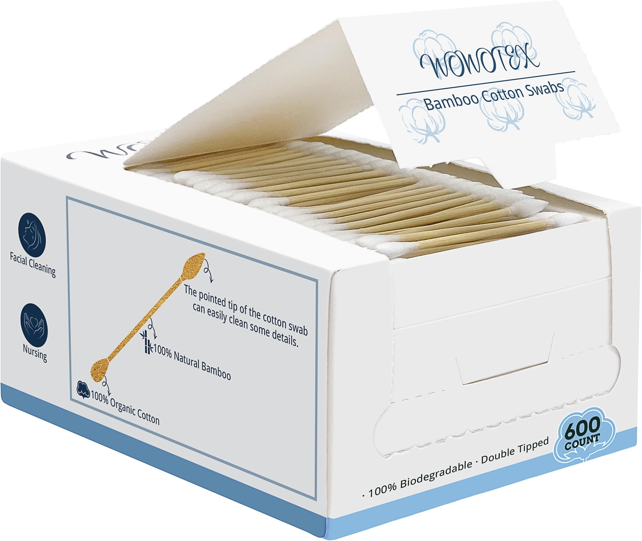 Amazon.com : WOWOTEX Bamboo Cotton Swabs 600 Count/1 Box, One Pointed ...