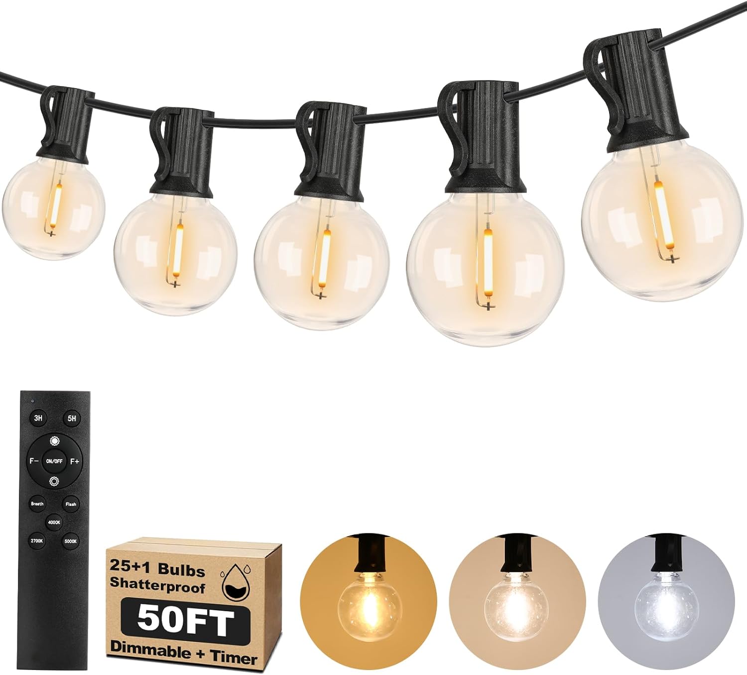 50FT Outdoor String Lights with 3 Color Lights, Dimmable G40 Globe ...