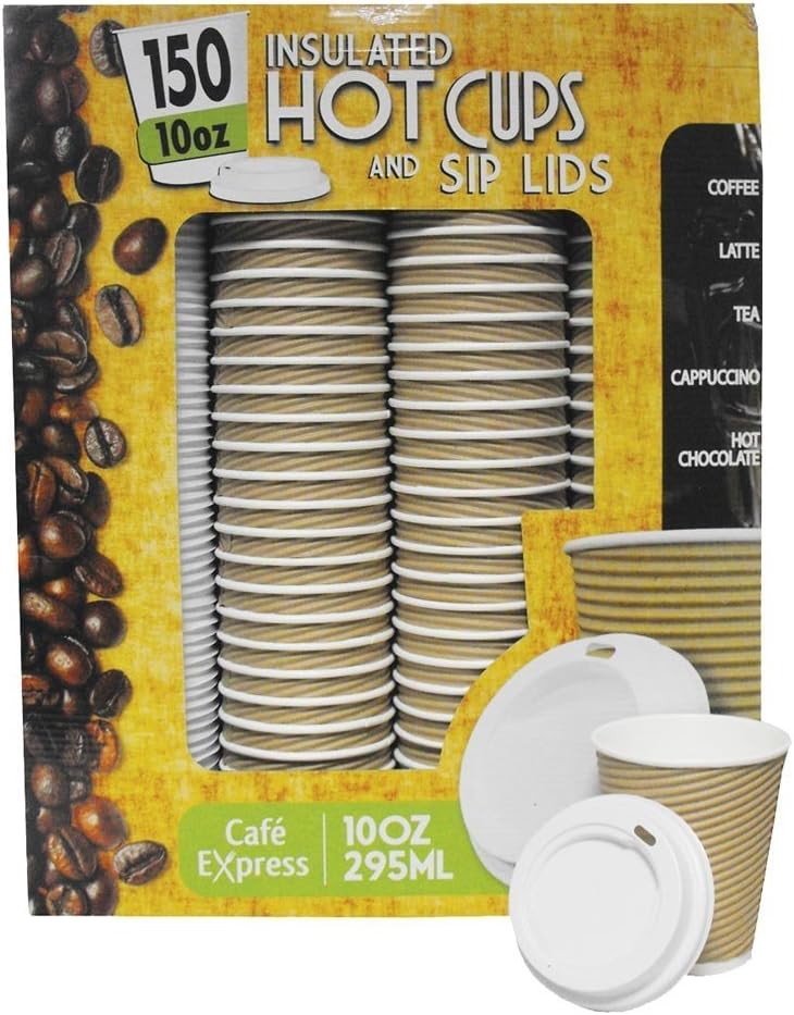 Deluxe Cafe Express 10oz / 295ml Insulated Hot Cups with Sip Lids 150 ...