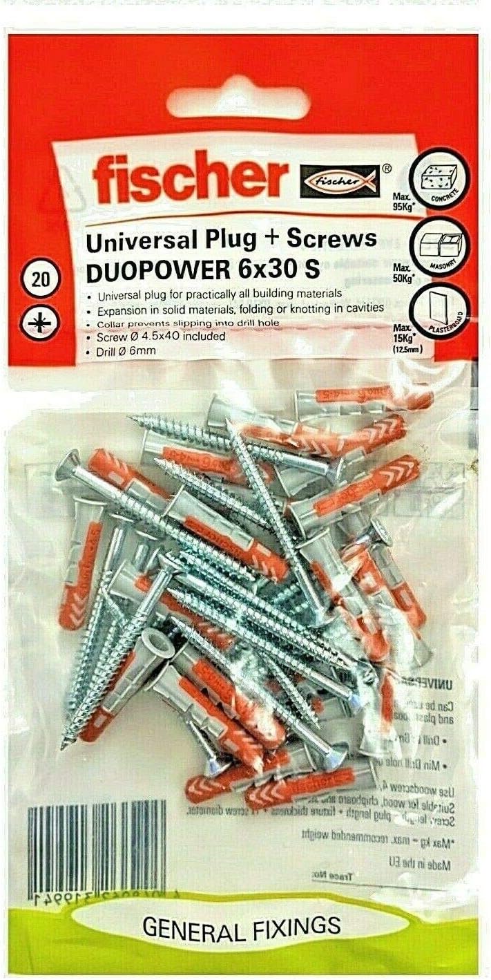 fischer 545023 DUOPOWER Wall Plug, Red/Grey, 6 x 30 mm, Set of 20 ...