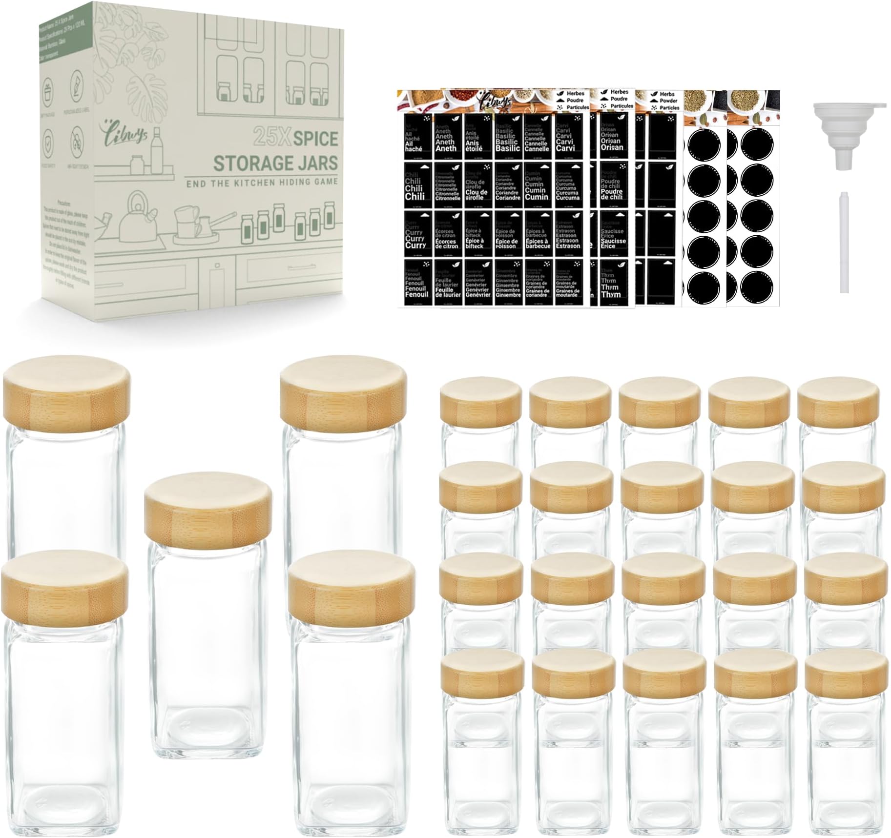 Bamboo Lid Spice Jars 25Pcs with 512 Spice Labels, 120ml Square Spice ...