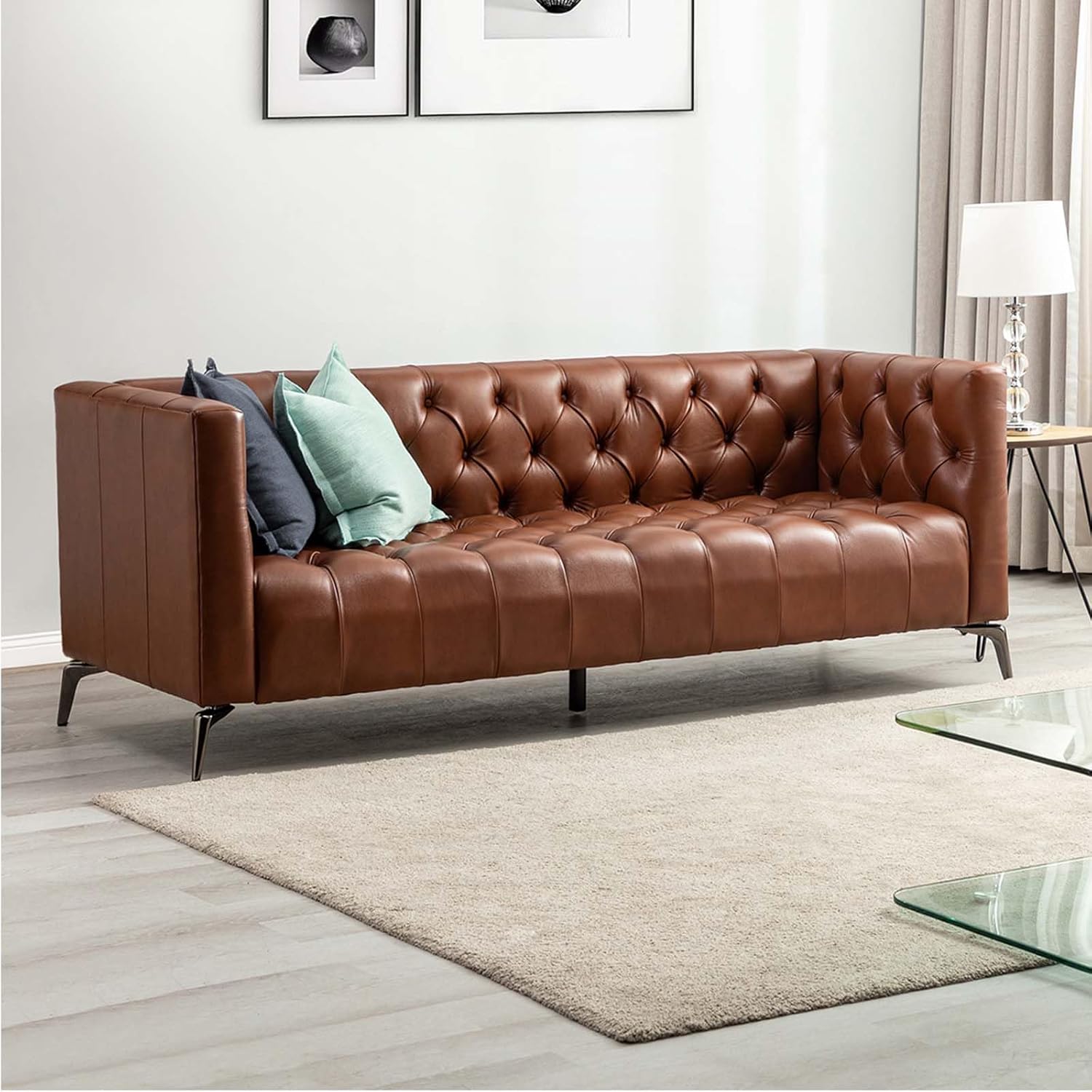 Amazon.com: HULALA HOME 85" W Genuine Leather Sofa Couch with Metal ...
