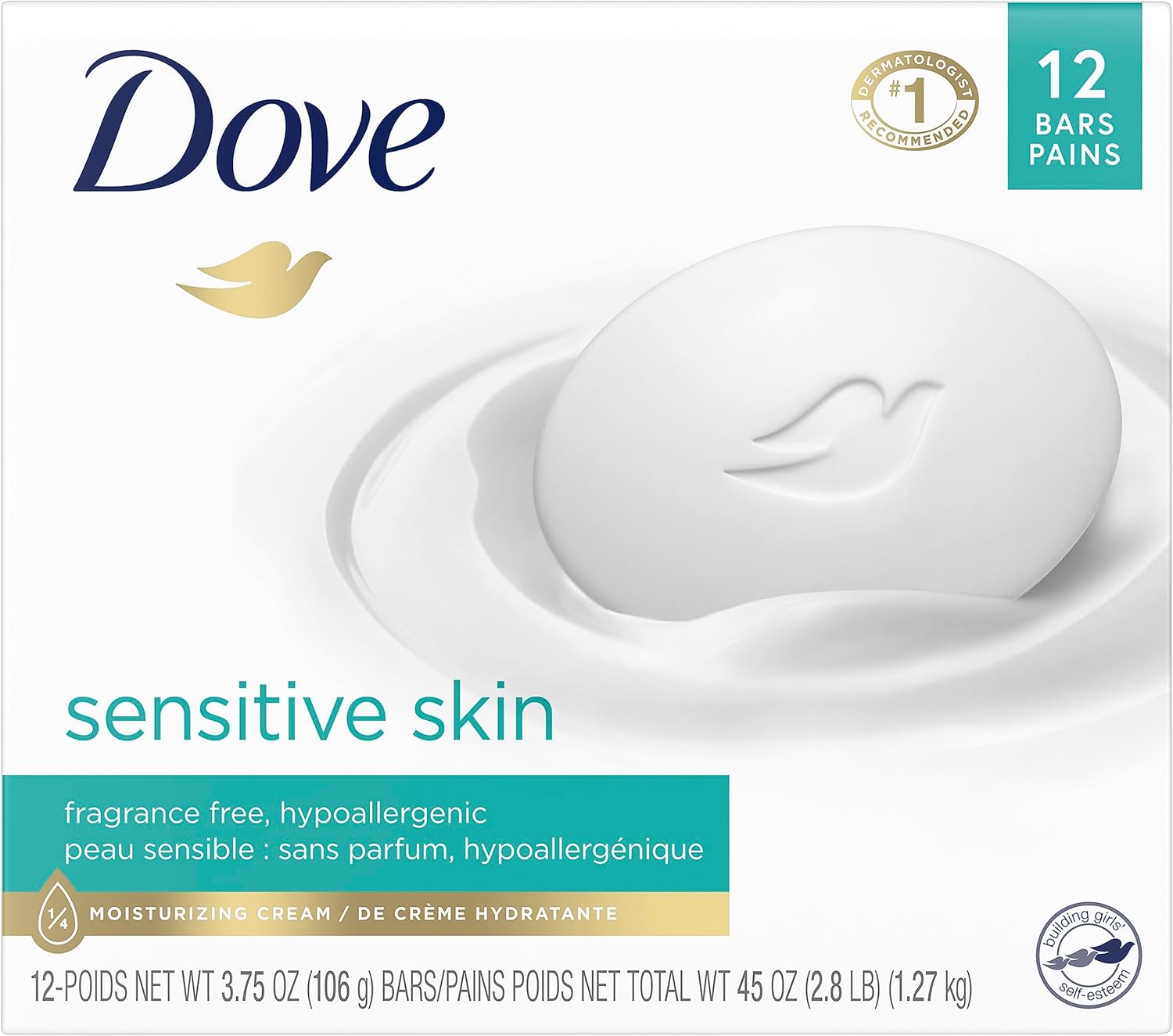 Dove Sensitive Skin Beauty Bar with ¼ moisturizing cream fragrance free ...