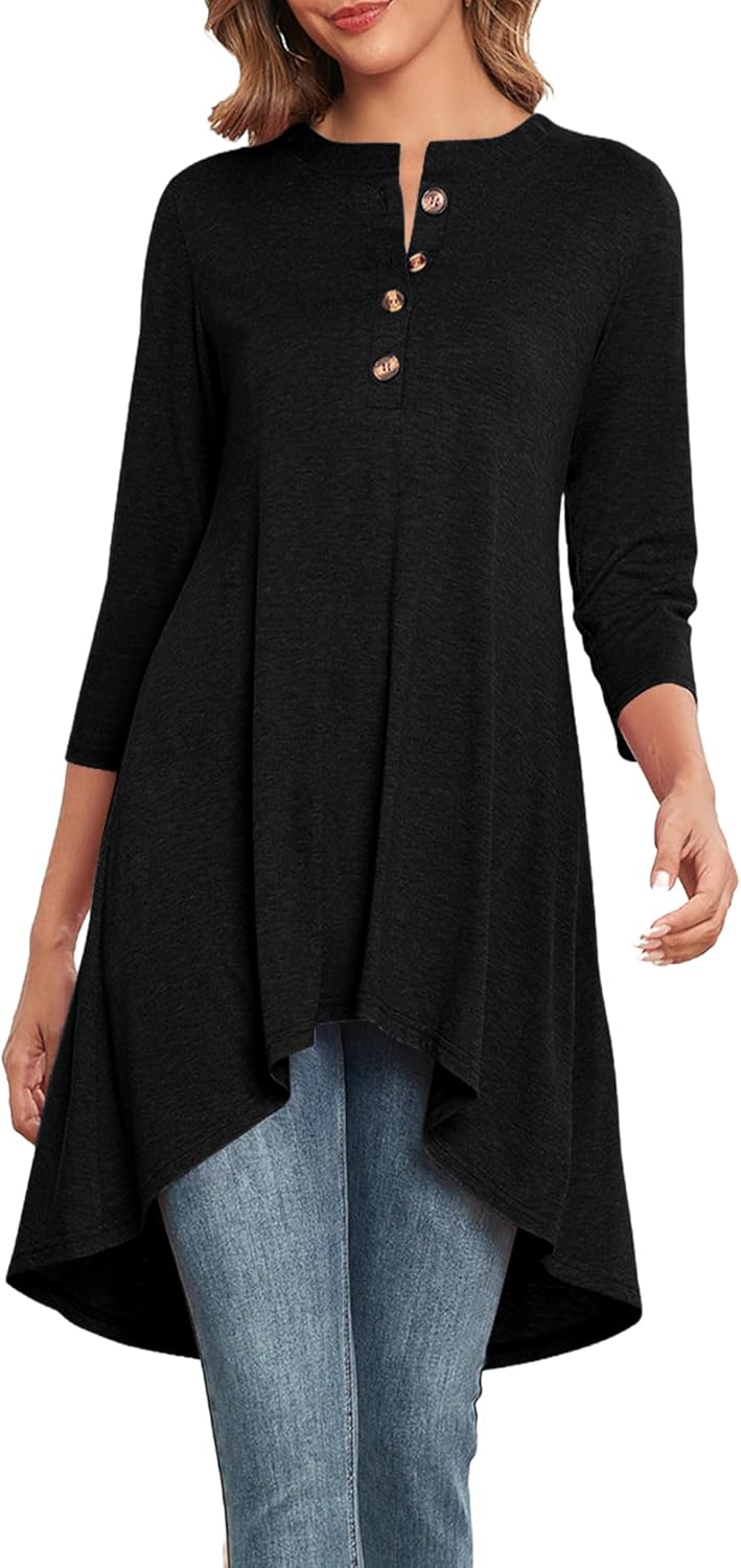 Amazon.com: Naggoo Women's 3/4 Sleeve T-Shirts Crew Neck Buttons High Low Loose Casual Long ...