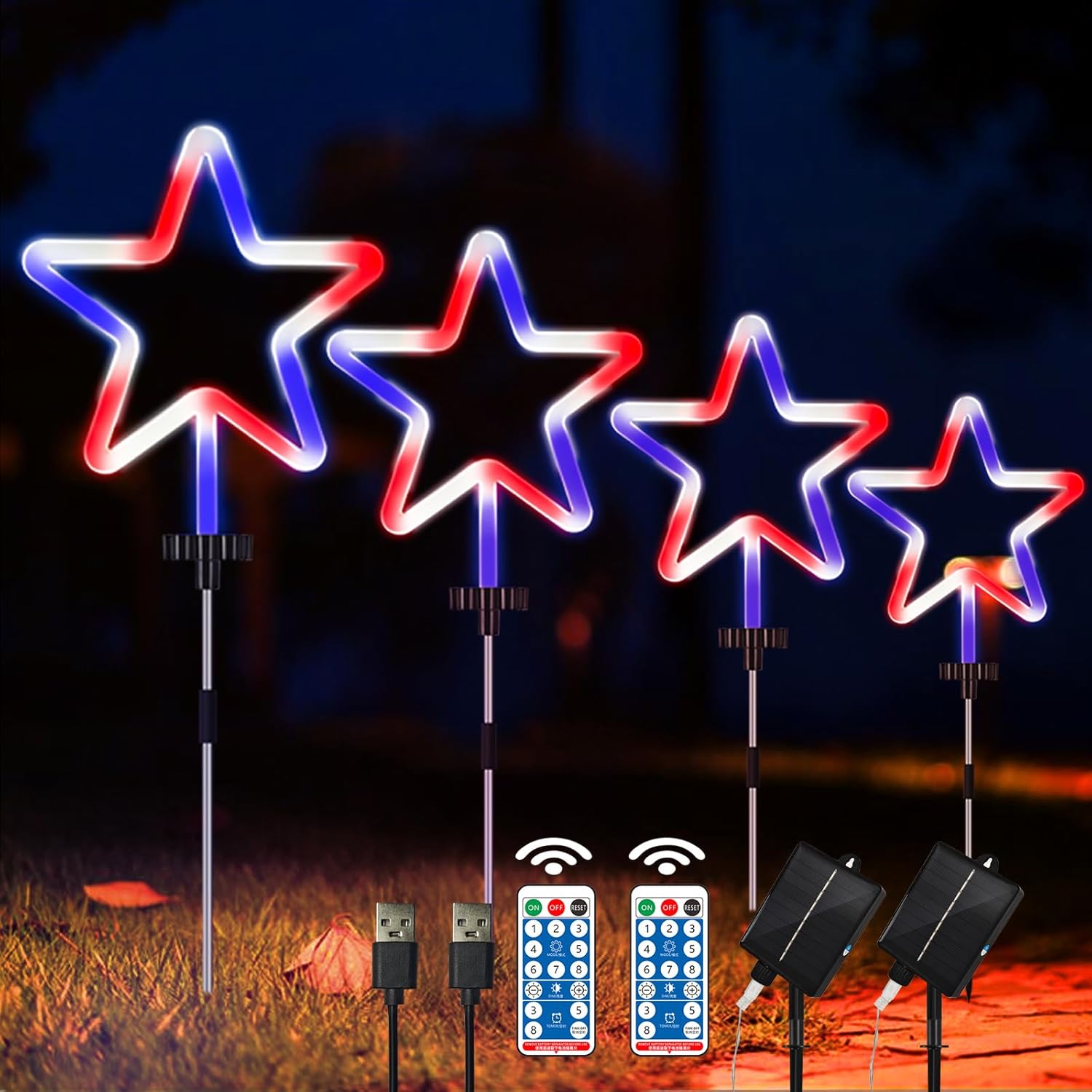 4 Pack Red White and Blue Solar Lights Outdoor, 4th of July Decorations ...
