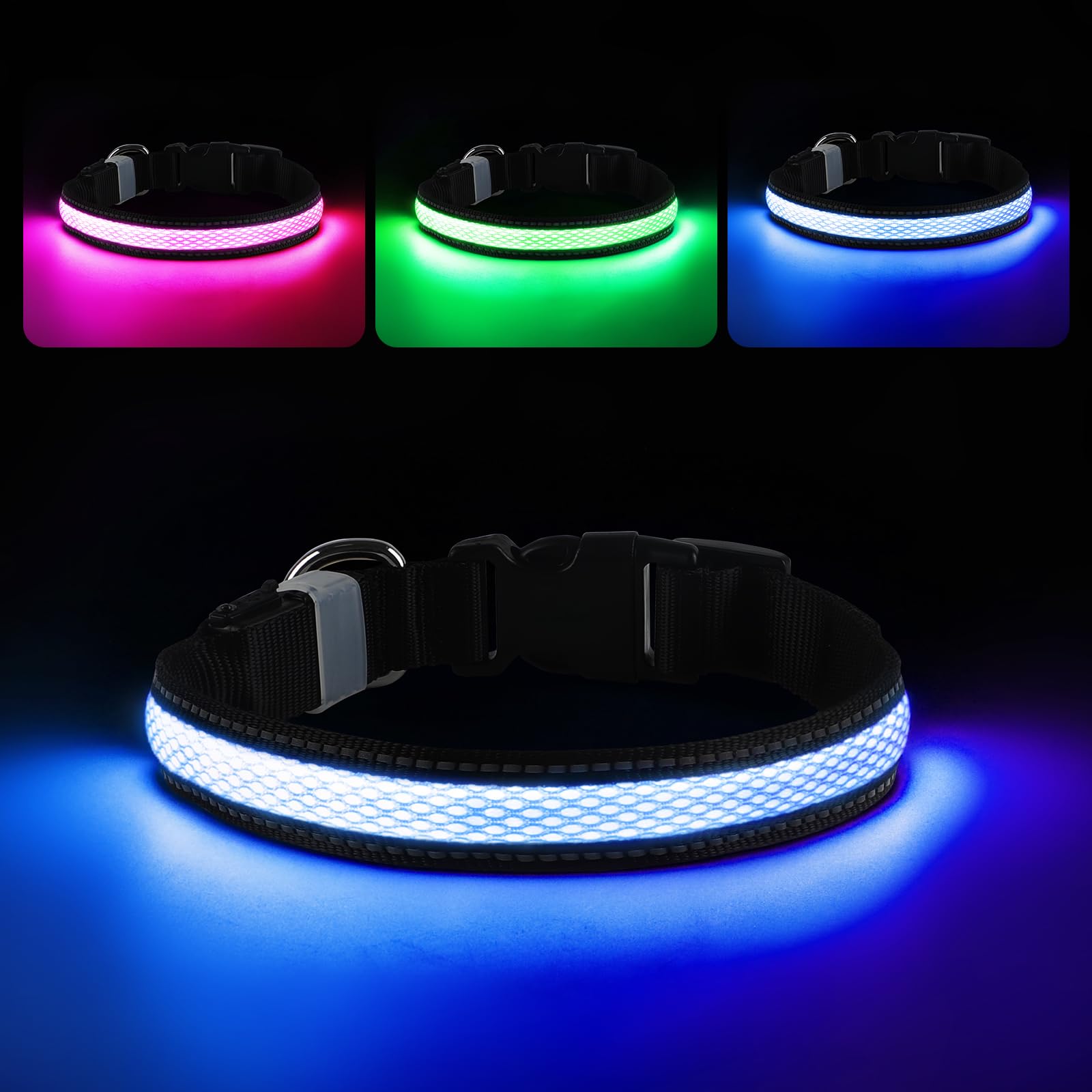 RUXAN Light Up Dog Collar, Rechargeable LED Dog Collar with Three ...