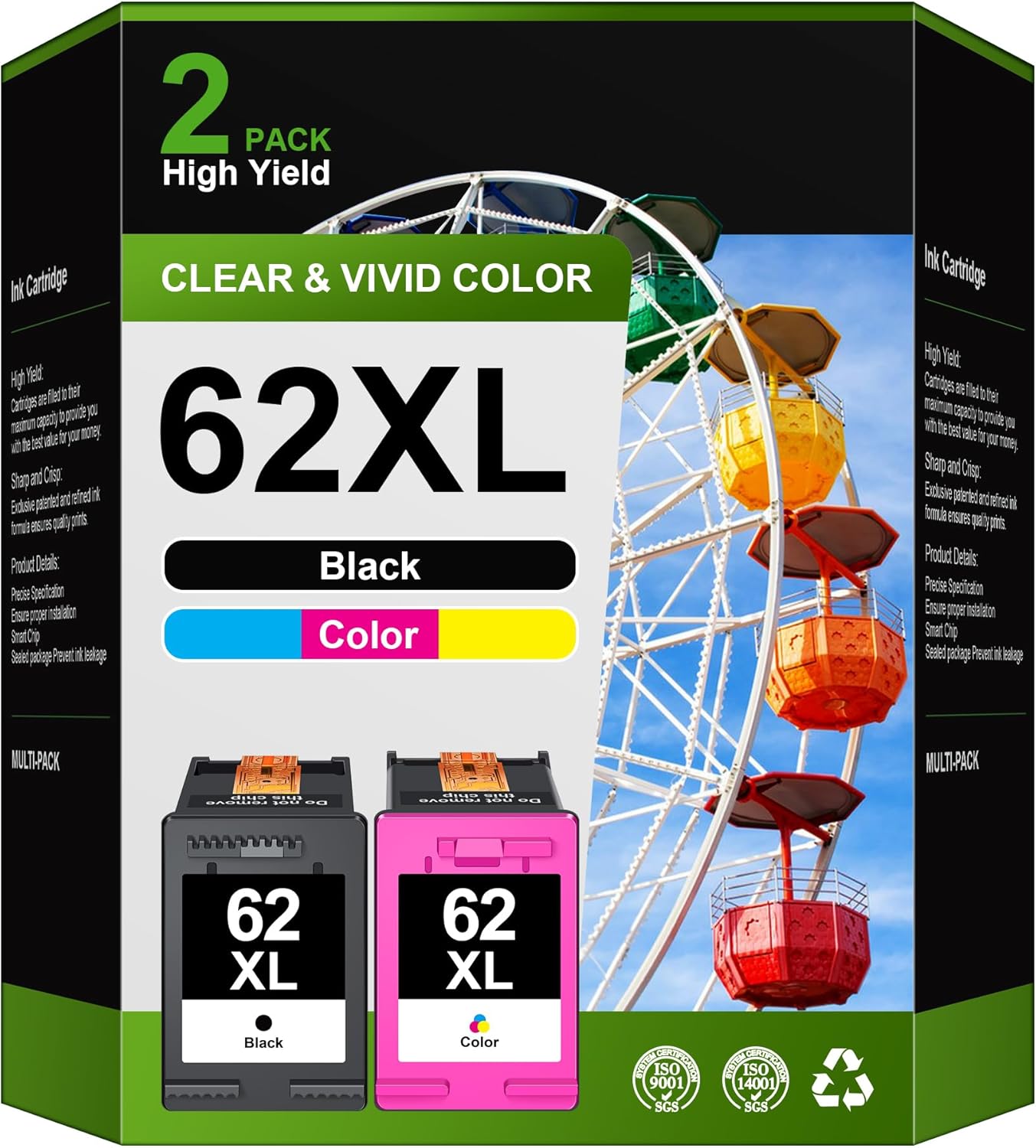 62XL for HP 62 Ink Cartridges for HP Ink 62 Black Color Combo Pack for ...