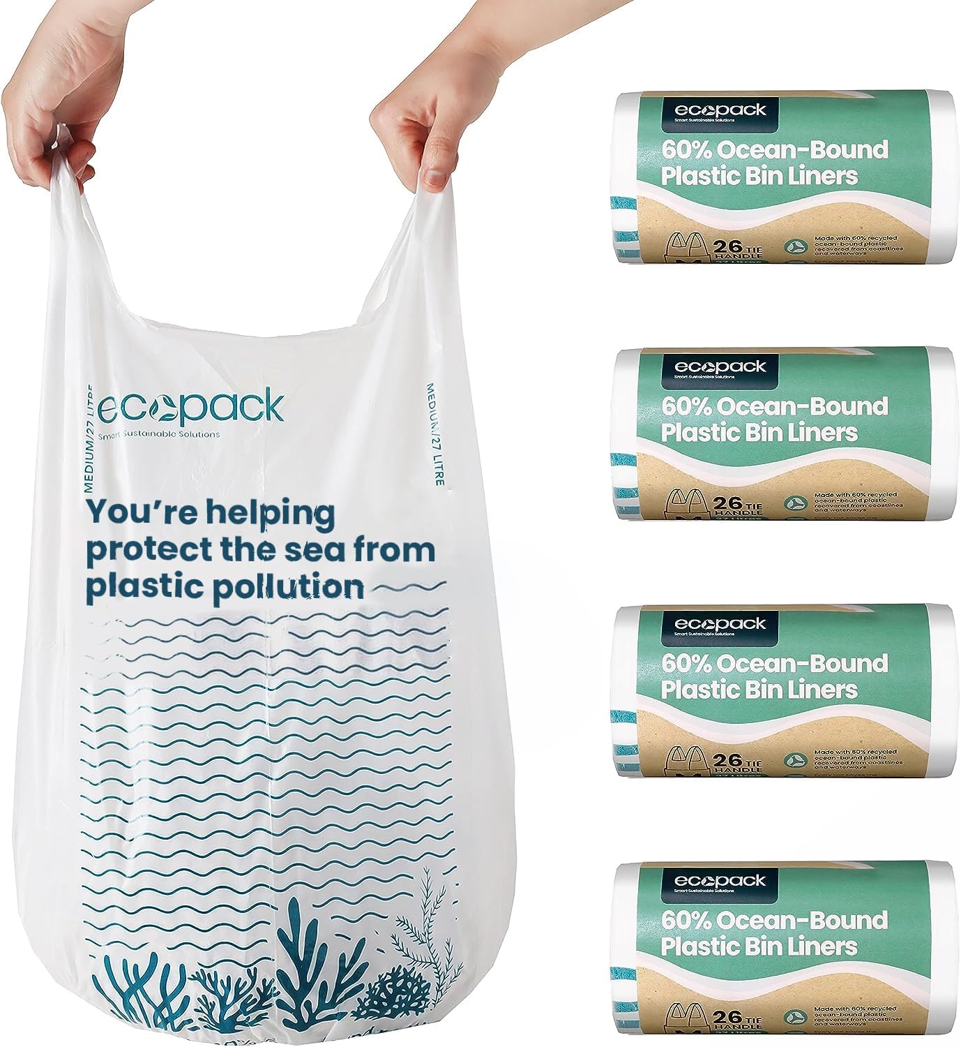 Ecopack 27L Medium Bin Bags with Handles,104 Bags (4 Rolls of 26 Bags ...