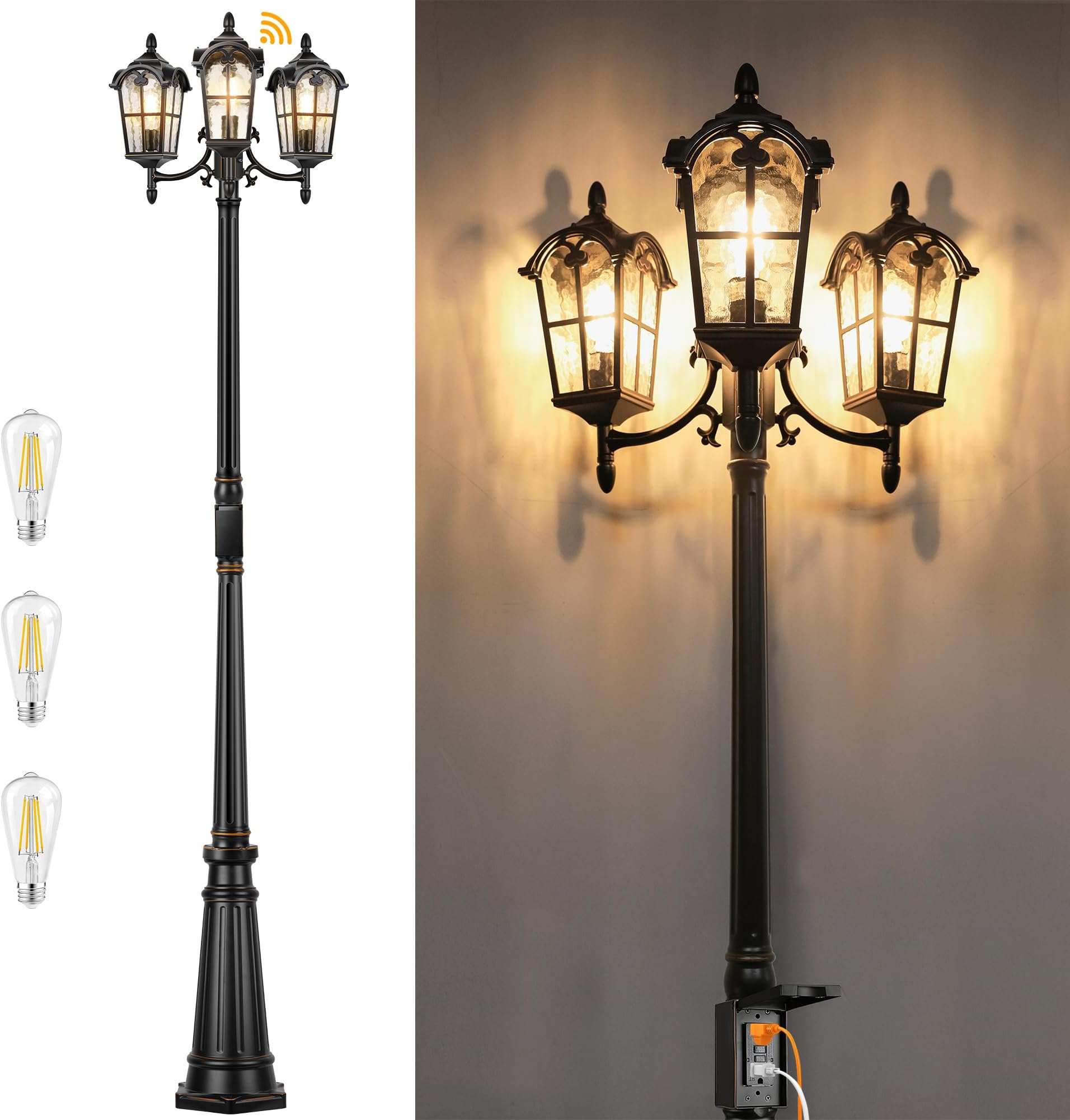 Black Roman Dusk to Dawn Outdoor Lamp Post with GFCI Outlet, Triple ...