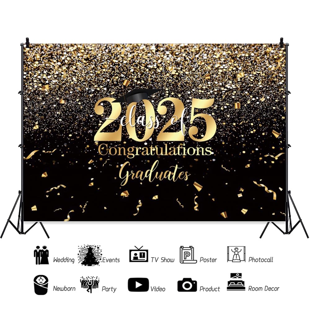 2025 Graduate Backdrop Black Gold Graduation Backdrop 2025 Grad ...