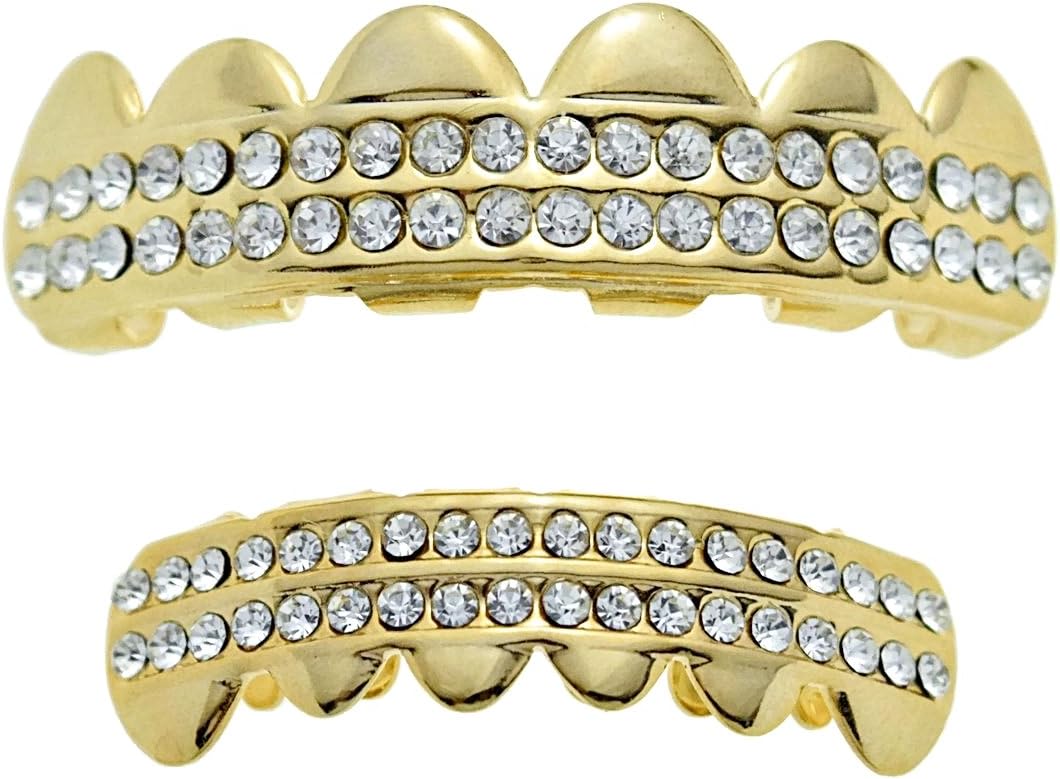 Amazon.com: Grillz Iced 14K Gold Plated Two Row Top and Bottom Rows Hip ...