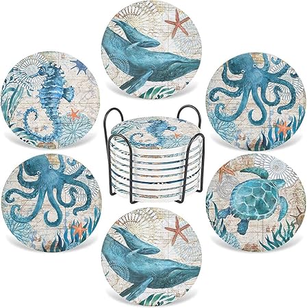 Amazon.com: CounterArt Absorbent Stone Tumbled Tile Round Coaster Set ...