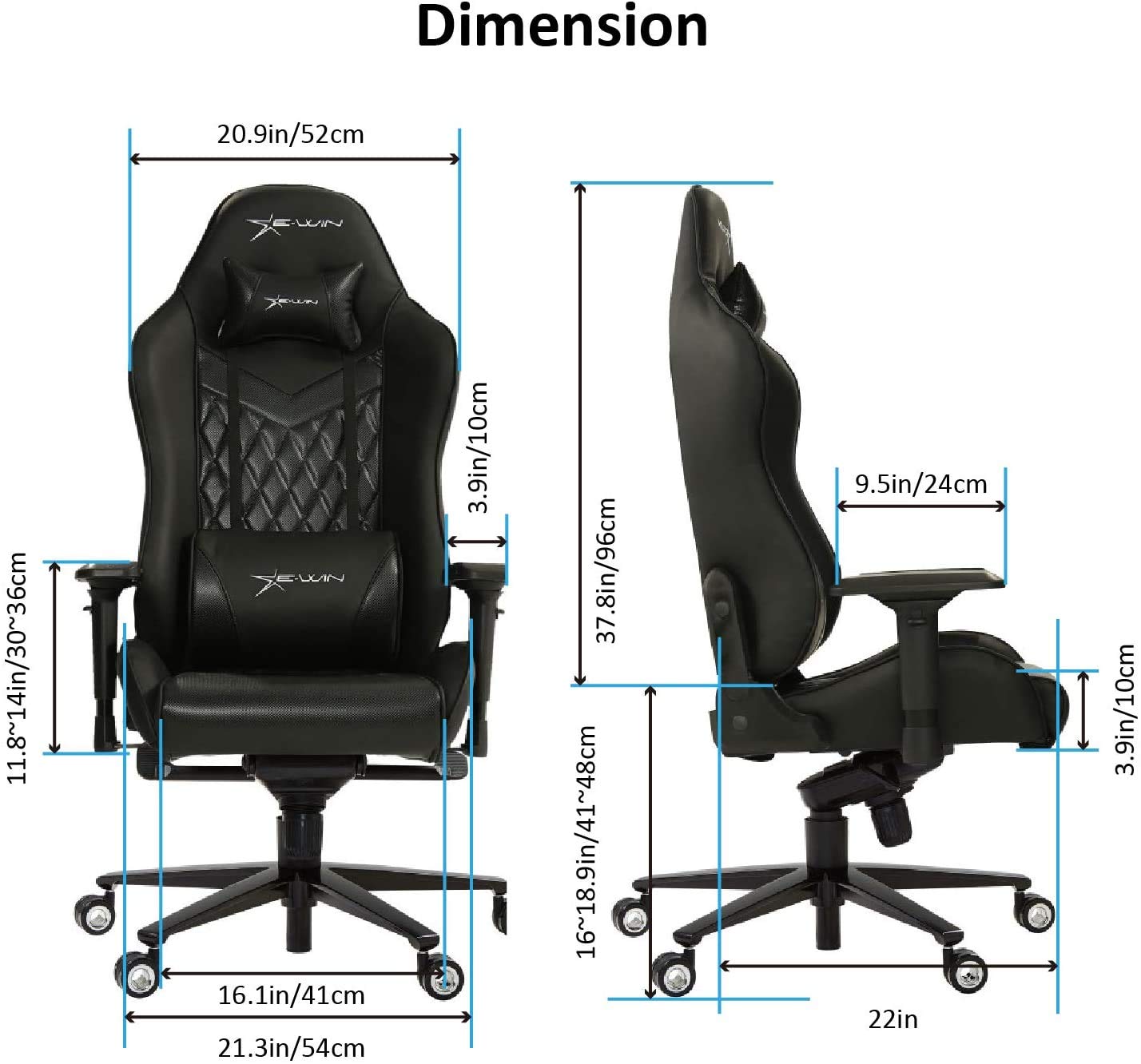 E-WIN Gaming Chair 4D Armrest Adjustable Tilt Back Angle and Ergonomic ...