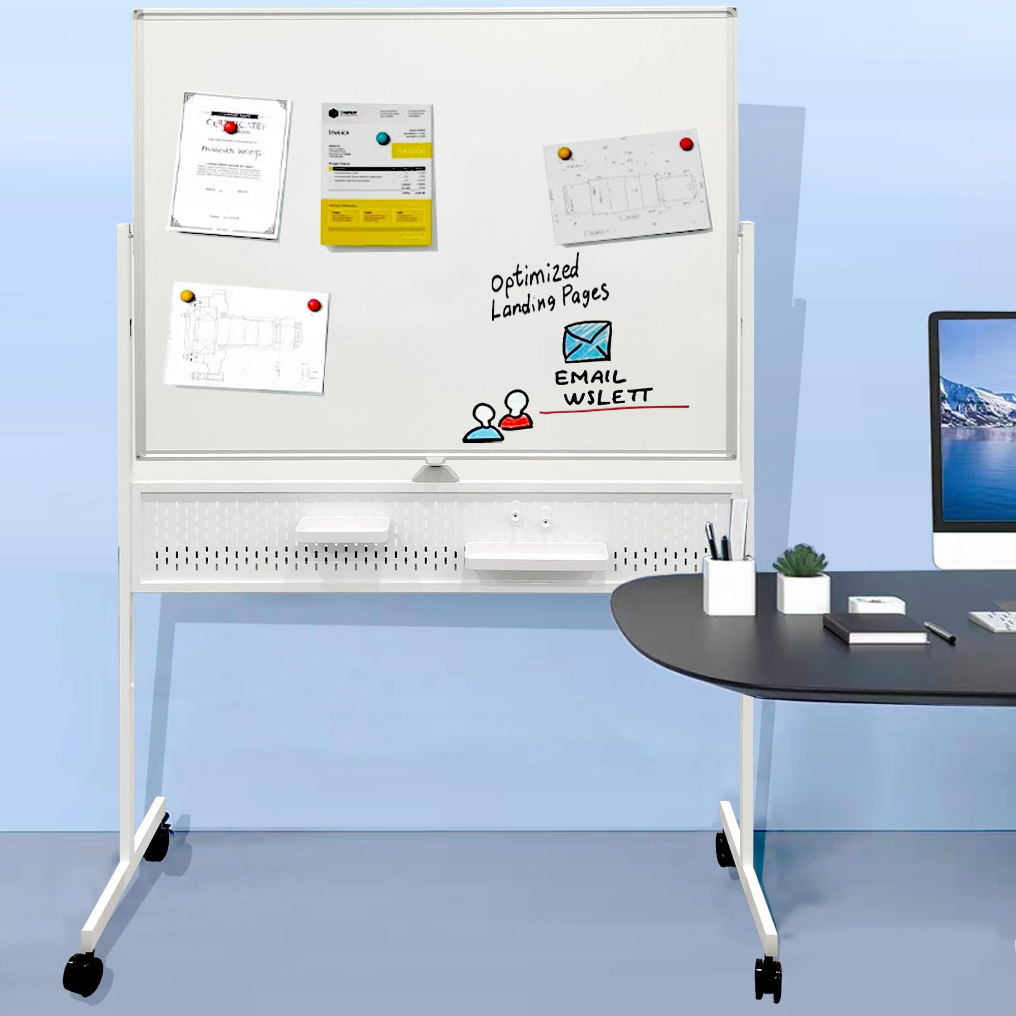 Amazon | 360°回転式 ホワイトボード 1200×900mm 両面 高さ2段階調整 マグネット対応 キャスター付き 自立式 会社 自宅 会議用 ホワイト 配送無料 | ホワイトボード ...