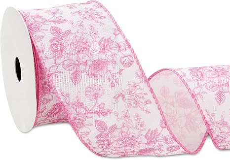 Amazon.com: AnyDesign Floral Wired Edge Ribbon Roll Pink Flower Ribbon ...