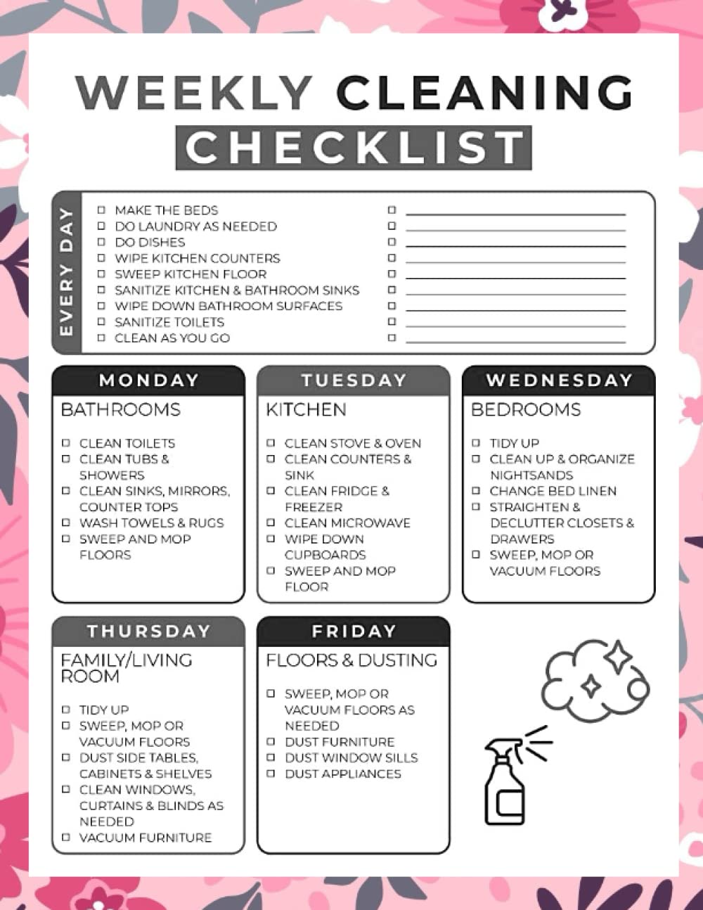 Weekly Cleaning Checklist: A Daily Household Cleaning Schedule and ...