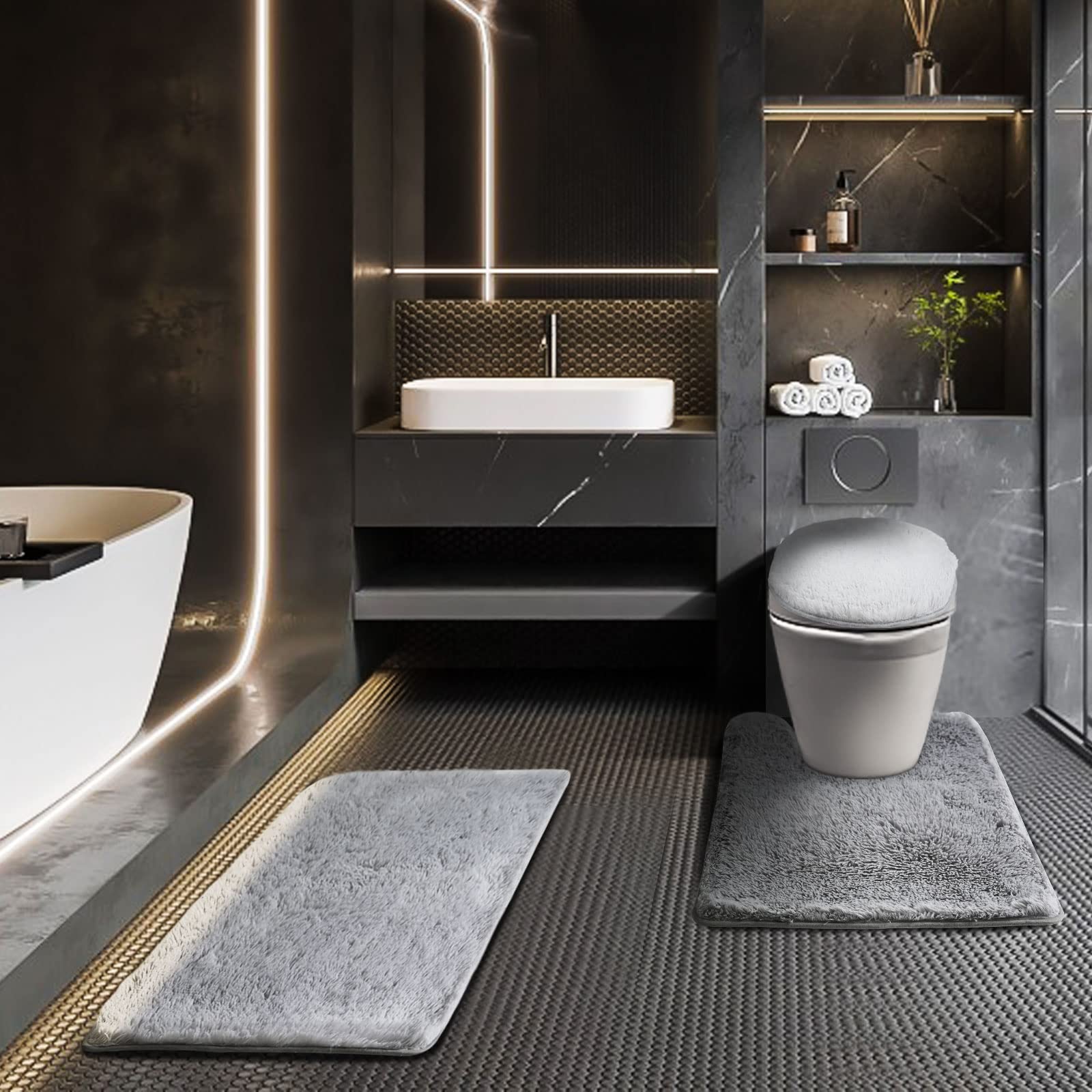 Light Gray Bathroom Rugs Sets 3 Piece with Toilet Cover and Toilet Rugs ...