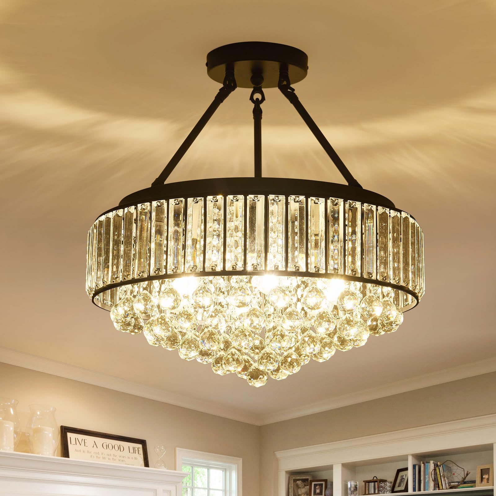 EOPSPYI 6-Lights Modern Crystal Chandelier Black Metal Semi Flush Mount ...
