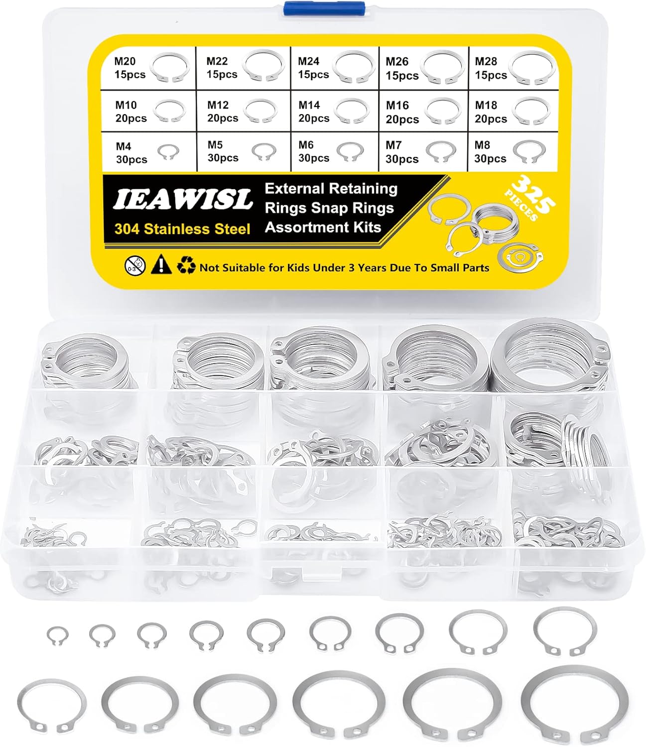 Snap Ring Set, 325PCS Retaining Ring Set 304 Stainless Steel External Circlip, 15 Sizes C Clip ...