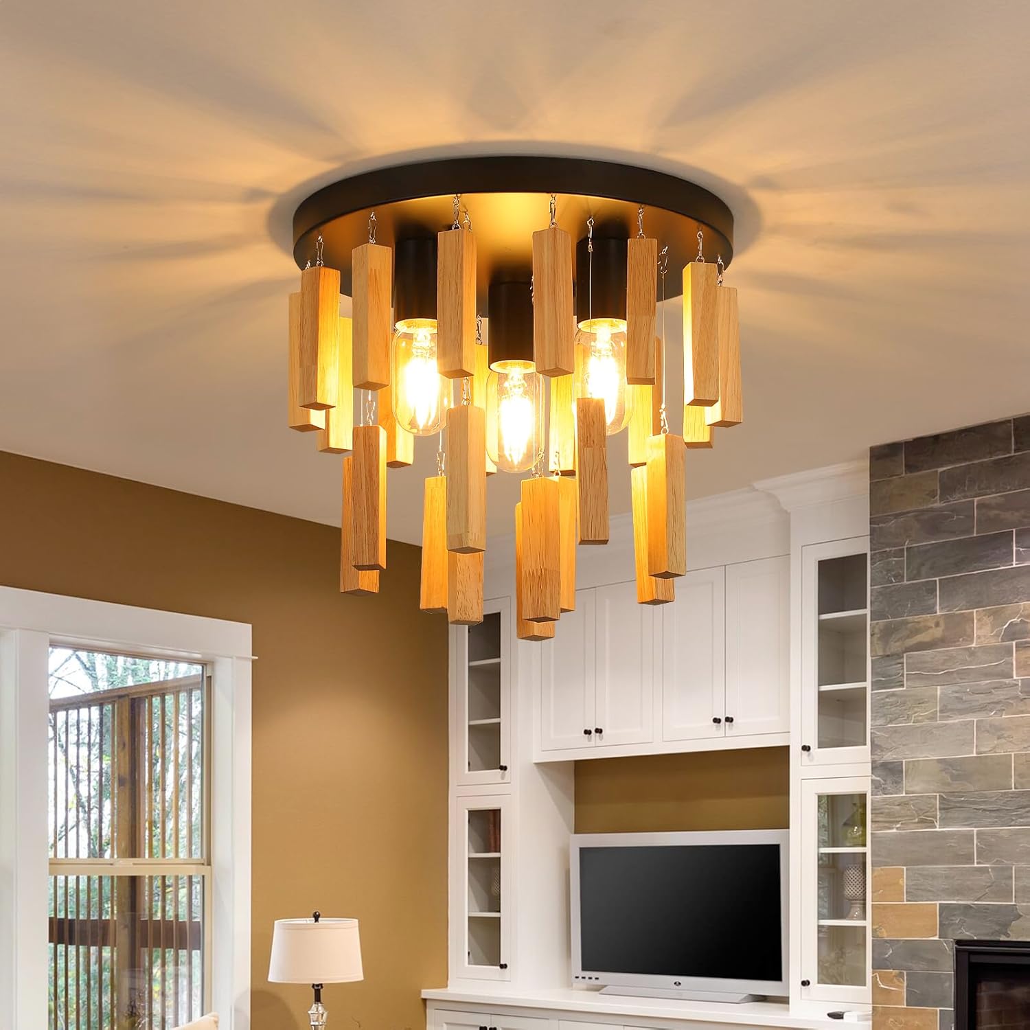 Ceiling Lights Living Room,Rustic Retro Solid Wood Ceiling Lights for ...