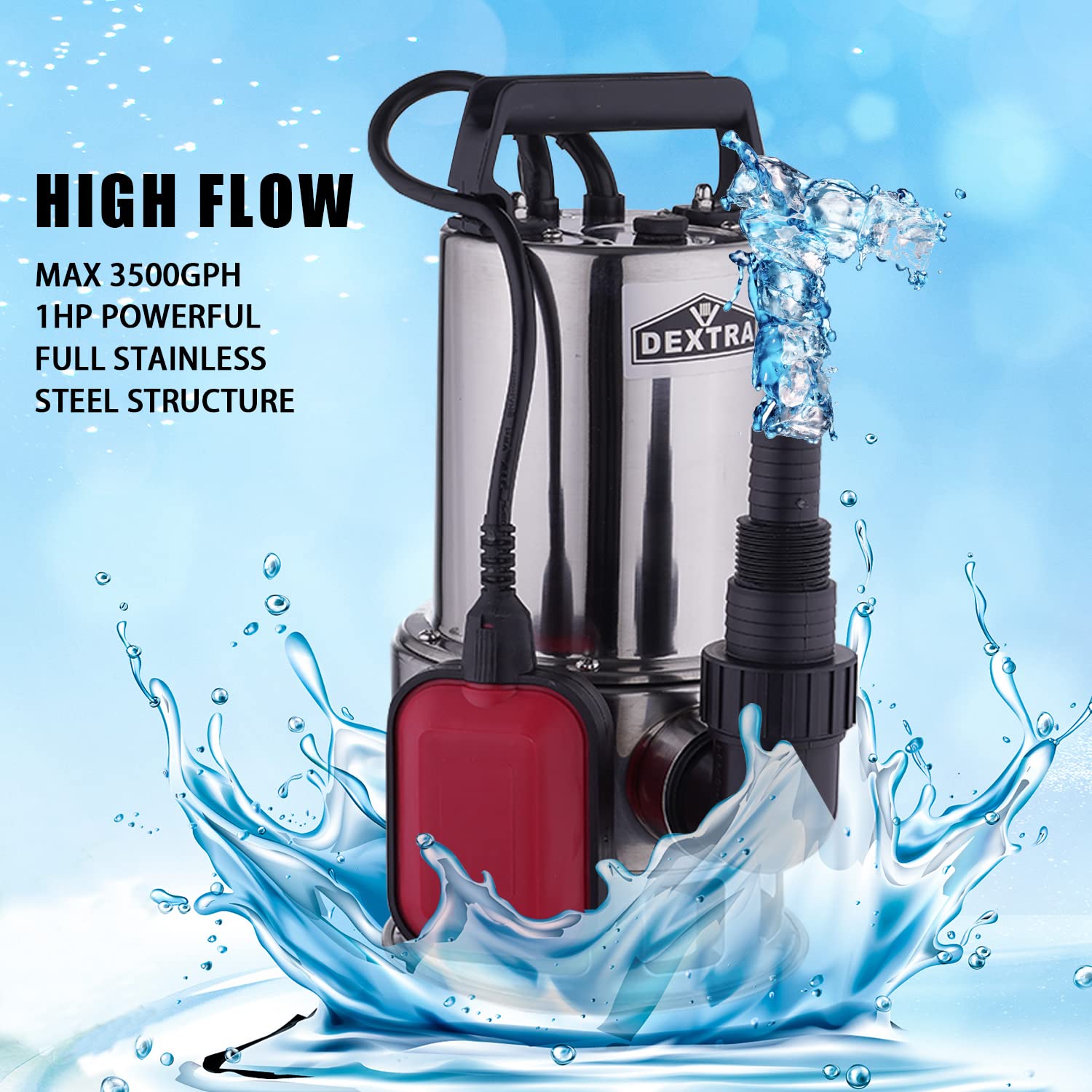 Dextra 1 HP Sump Pump Submersible 3500GPH Water Pump for Pool Draining, 750W Stainless Steel ...