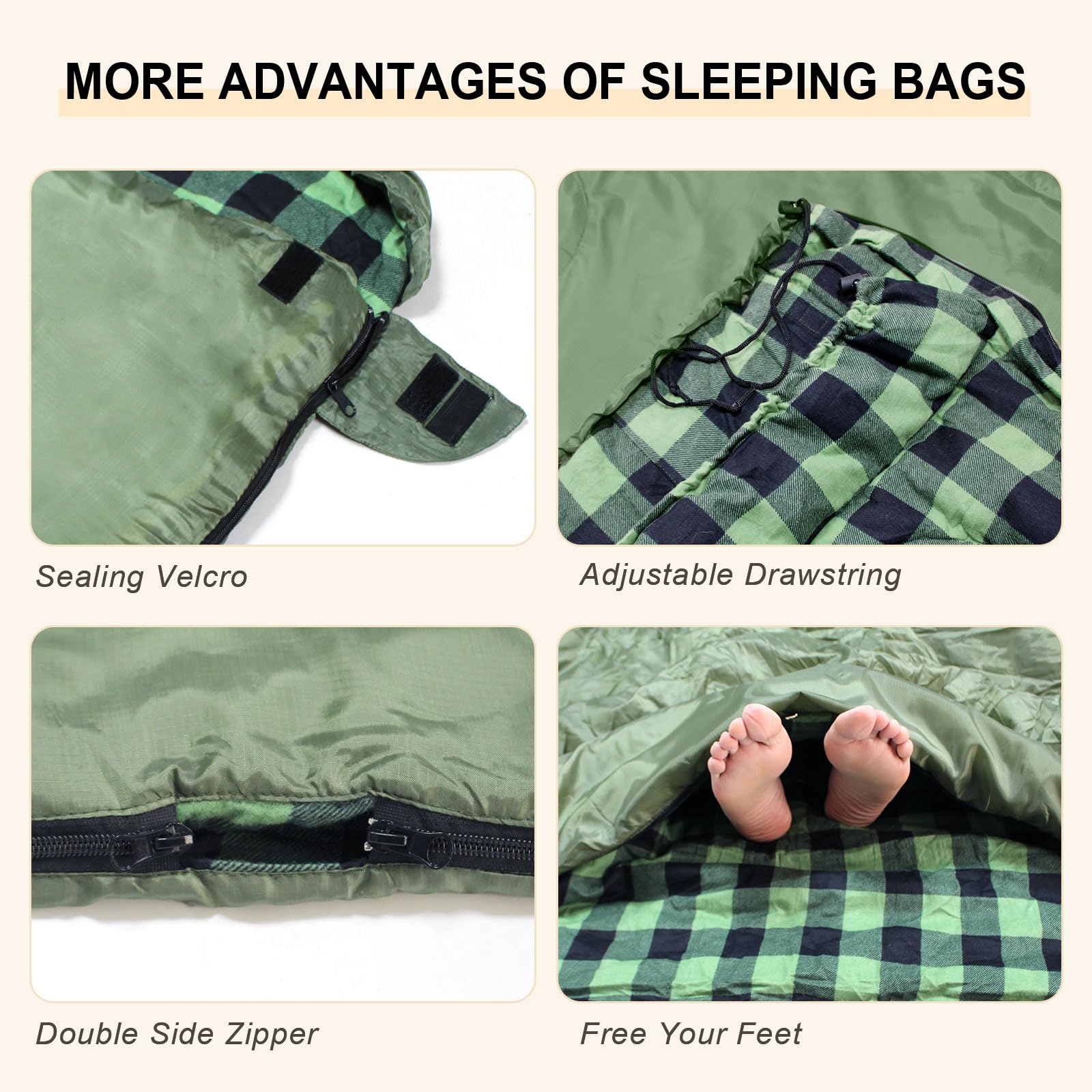 POEPORE Double Sleeping Bag Flannel for Adults with 2 Pillows 2 Person ...