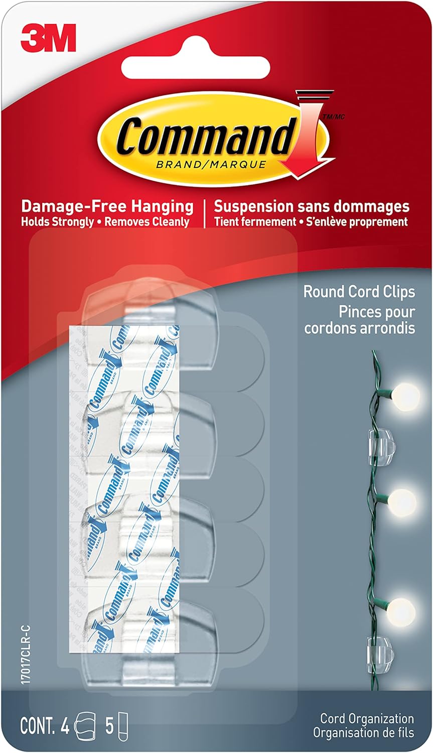 Command Round Cord Clips, Small, Clear, 4 Clips 5 Small Strips, Cable ...