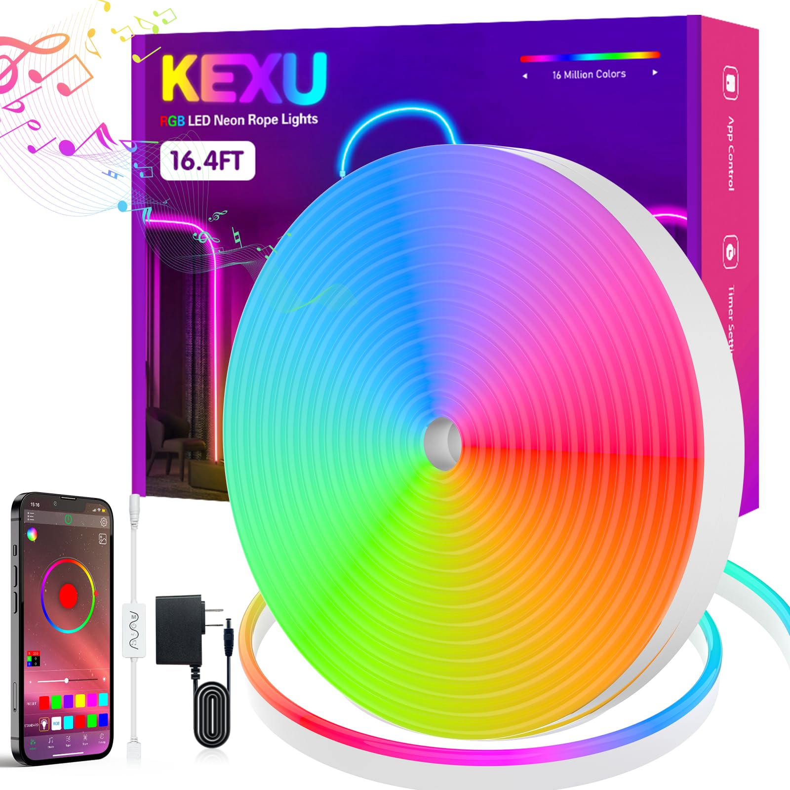 Amazon.com: KEXU 16.4ft RGB Neon Rope Light Color Changing LED Strip ...