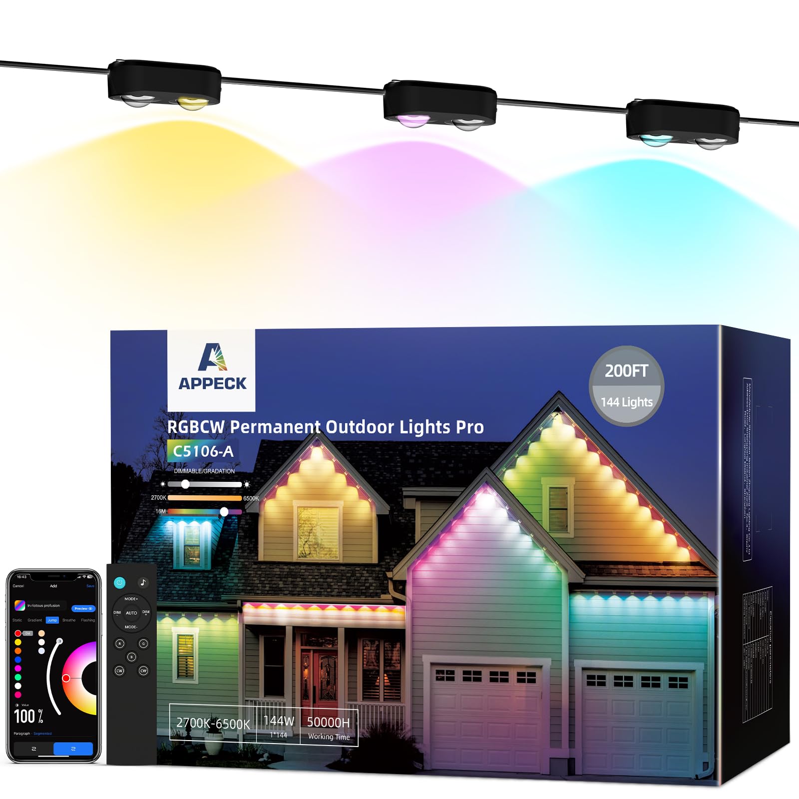 APPECK Permanent Outdoor Lights Pro 200ft, RGBCW Smart Eaves Lights ...