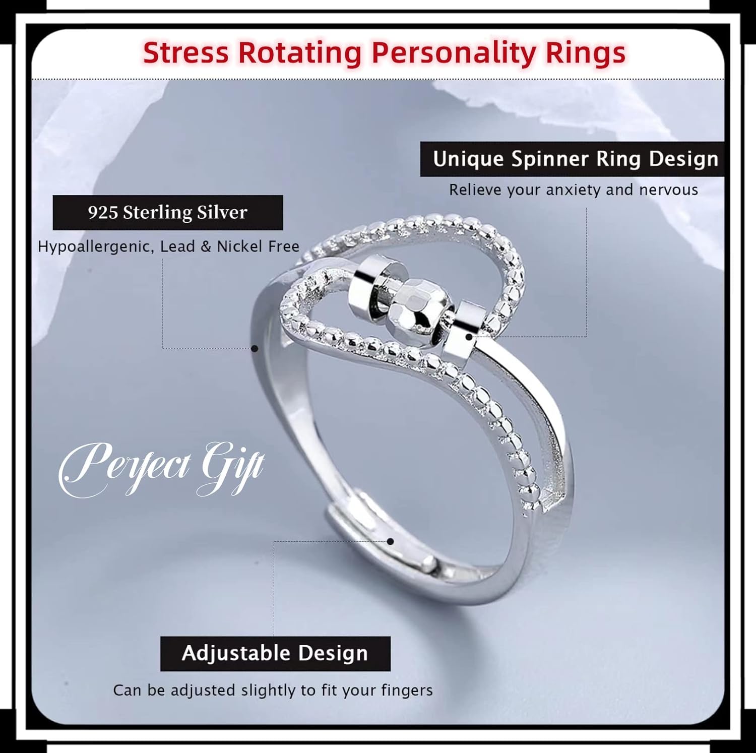 Anxiety Rings,Silver Fingertip Ring For Anxiety Adjustable Spinning ...