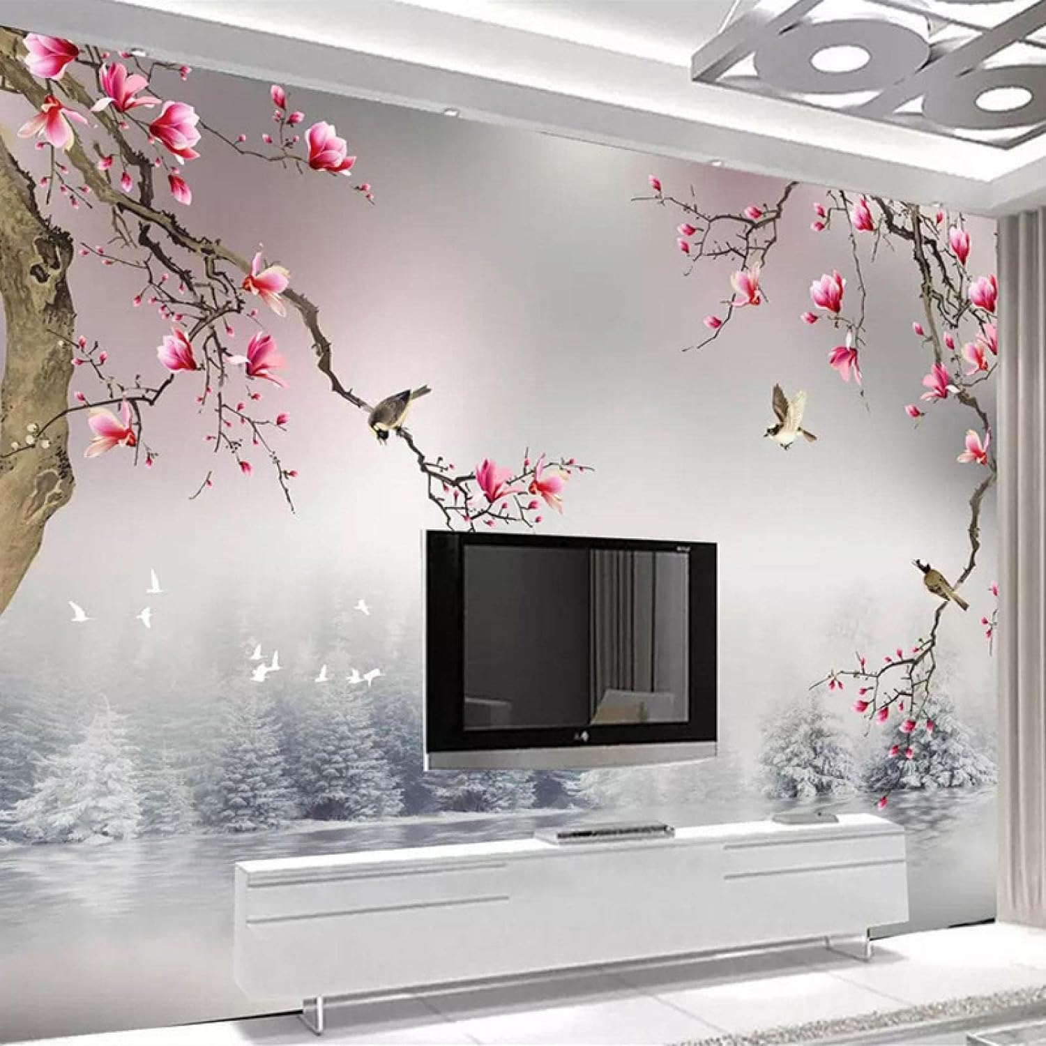 Magnolia Flowers and Birds 3D Poster Mural, Chinoiserie Art Peel and ...