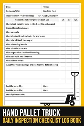 Hand Pallet Truck Daily Inspection Checklist Log Book: Hand Pallet Jack ...