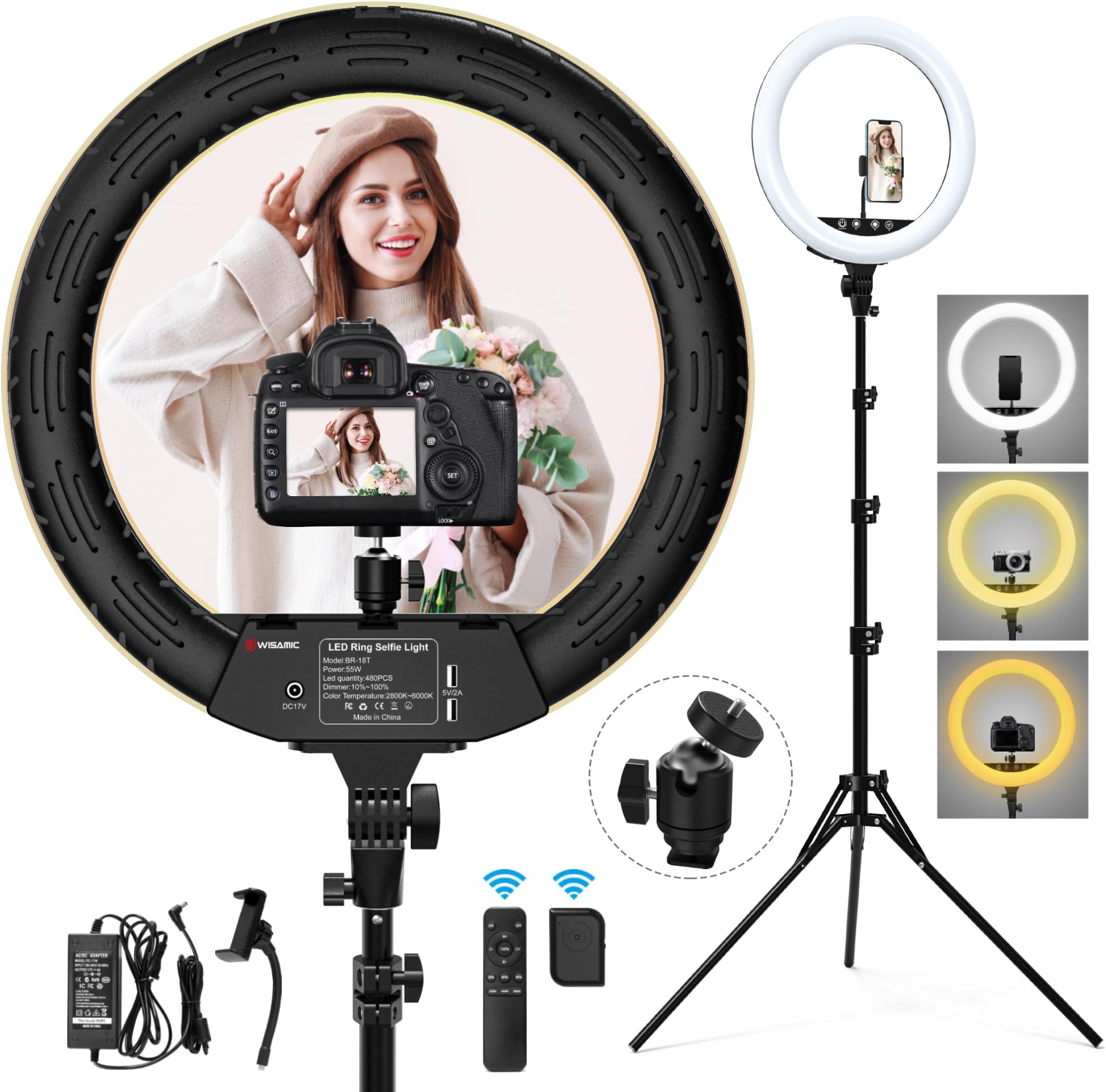 Amazon.com : WISAMIC Ring Light Kit: 18" 55W LED Ring Light with Tripod ...