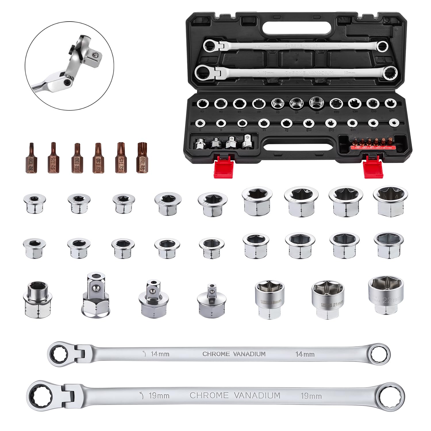 AKM TOOL 33 PCS Flex Head Ratcheting Wrench Set, Metric | 72-Tooth | 8 ...