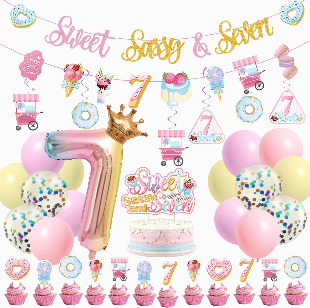 Amazon.com: JUYRLE Sweet Sassy And Seven Birthday Decorations- 7th Birthday Decorations For ...