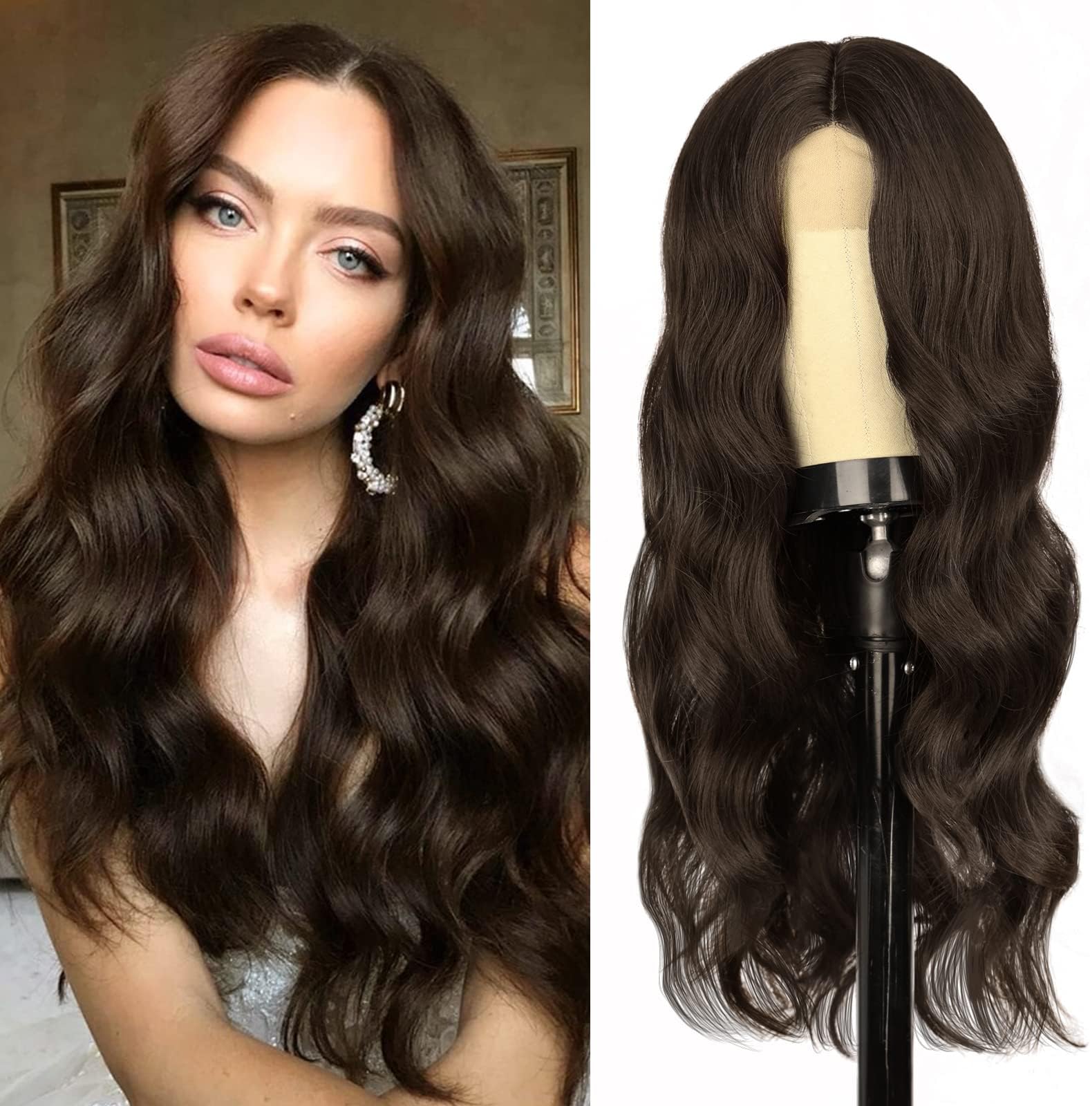 Amazon.com : WERD Long Brown Wavy Wigs for Women 26 Inch Middle Part ...