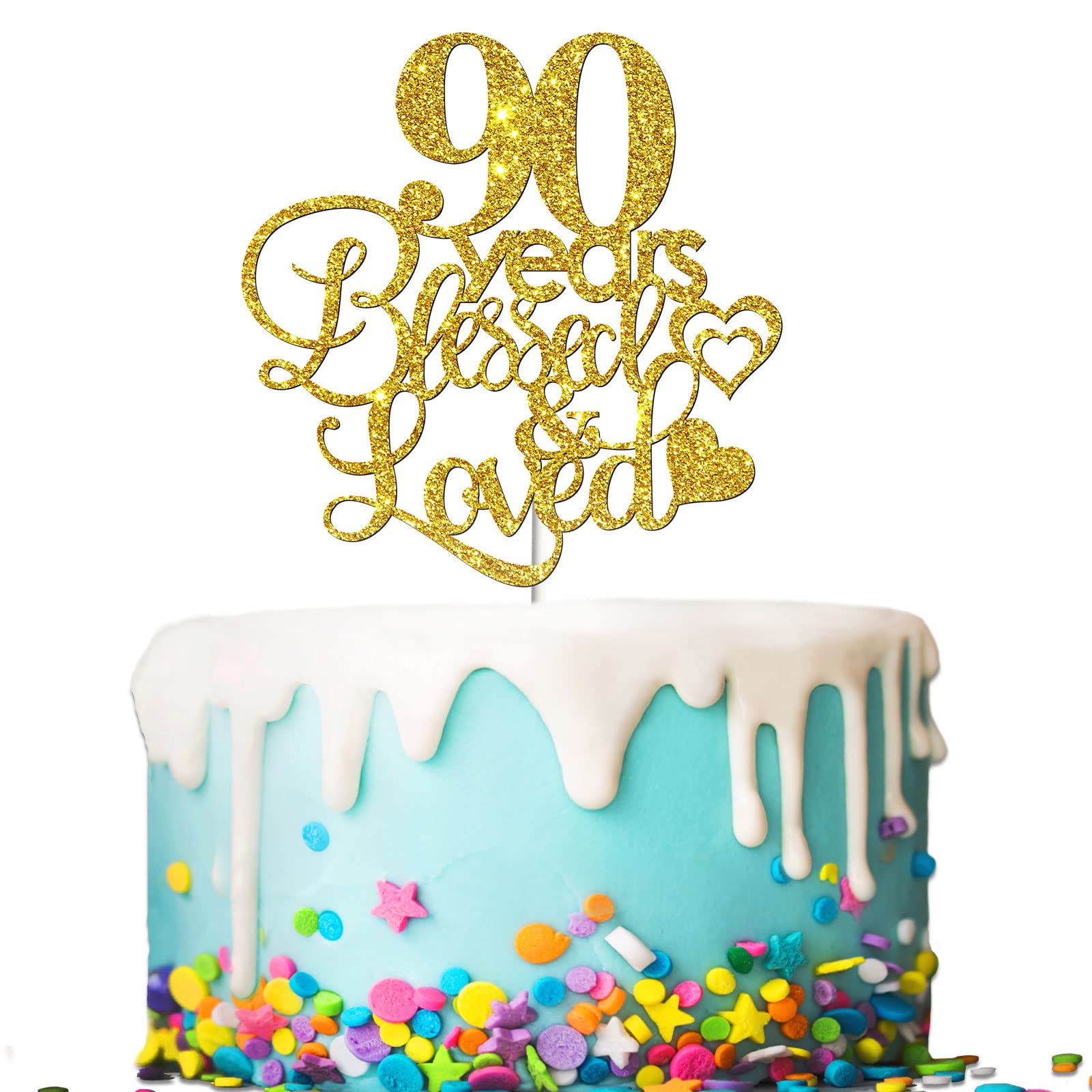 Buy Tenhaisi Gold Glitter 90 Years Blessed & Loved Cake Topper - 90th ...