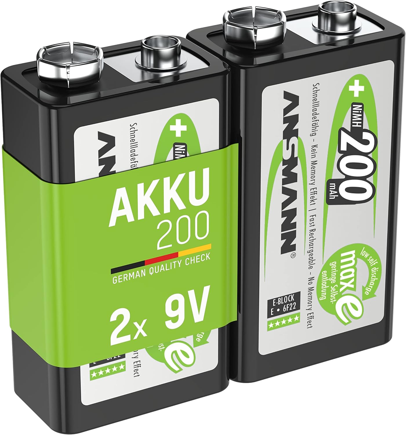 ANSMANN Akku 9V Block 200mAh NiMH 2 Stück mit geringer Selbstentladung ...