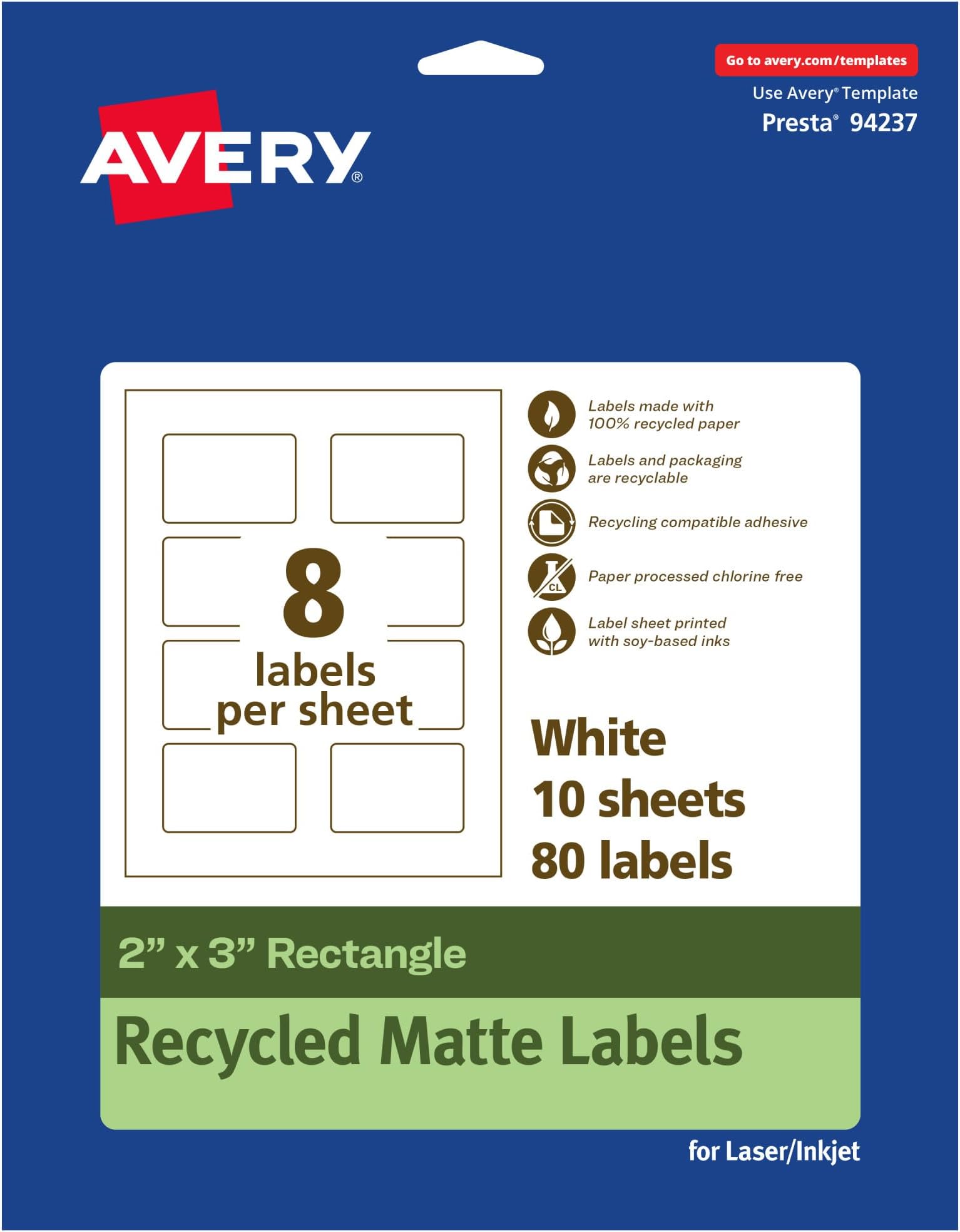Amazon.com : Avery EcoFriendly Matte White Recycled Rectangle Labels, 2 ...