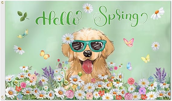 Amazon.com : SENSEVEN Golden Retriever Hello Spring Flag 3x5 Ft Double ...