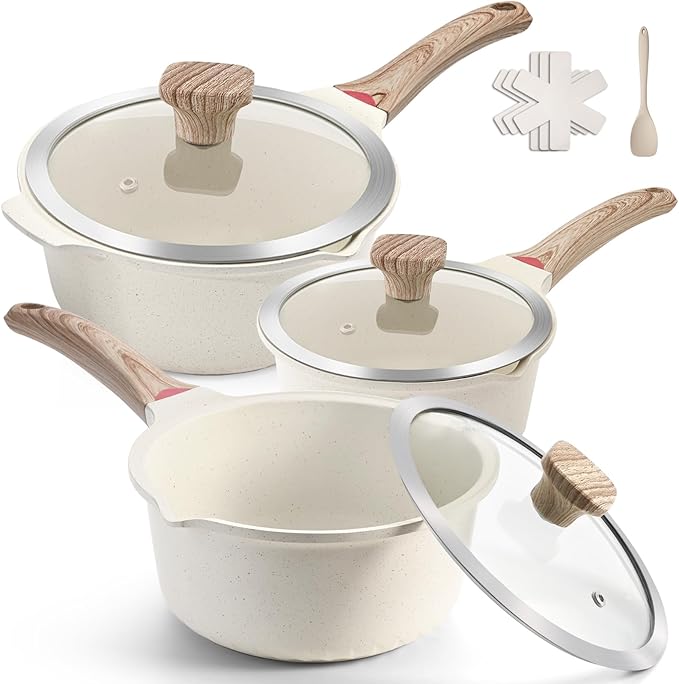 Amazon.com: VINCHEF Sauce Pan Set with Lid 10PCS, 3 White Non Stick ...