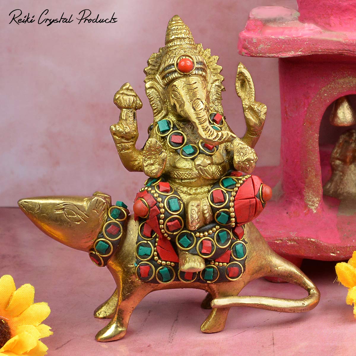 Reiki Crystal Products Brass Lord Ganesha Ji With Mushak Statue ...