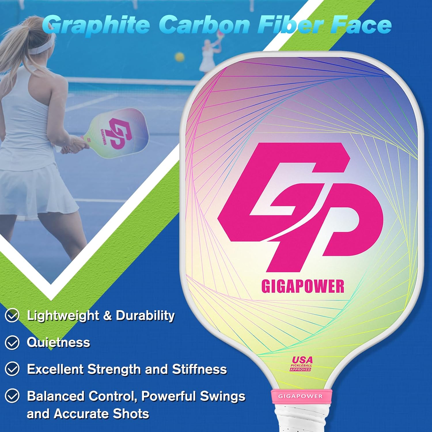 Pickleball Paddles USAPA Approved Graphite CarbonFiberglass Face with ...