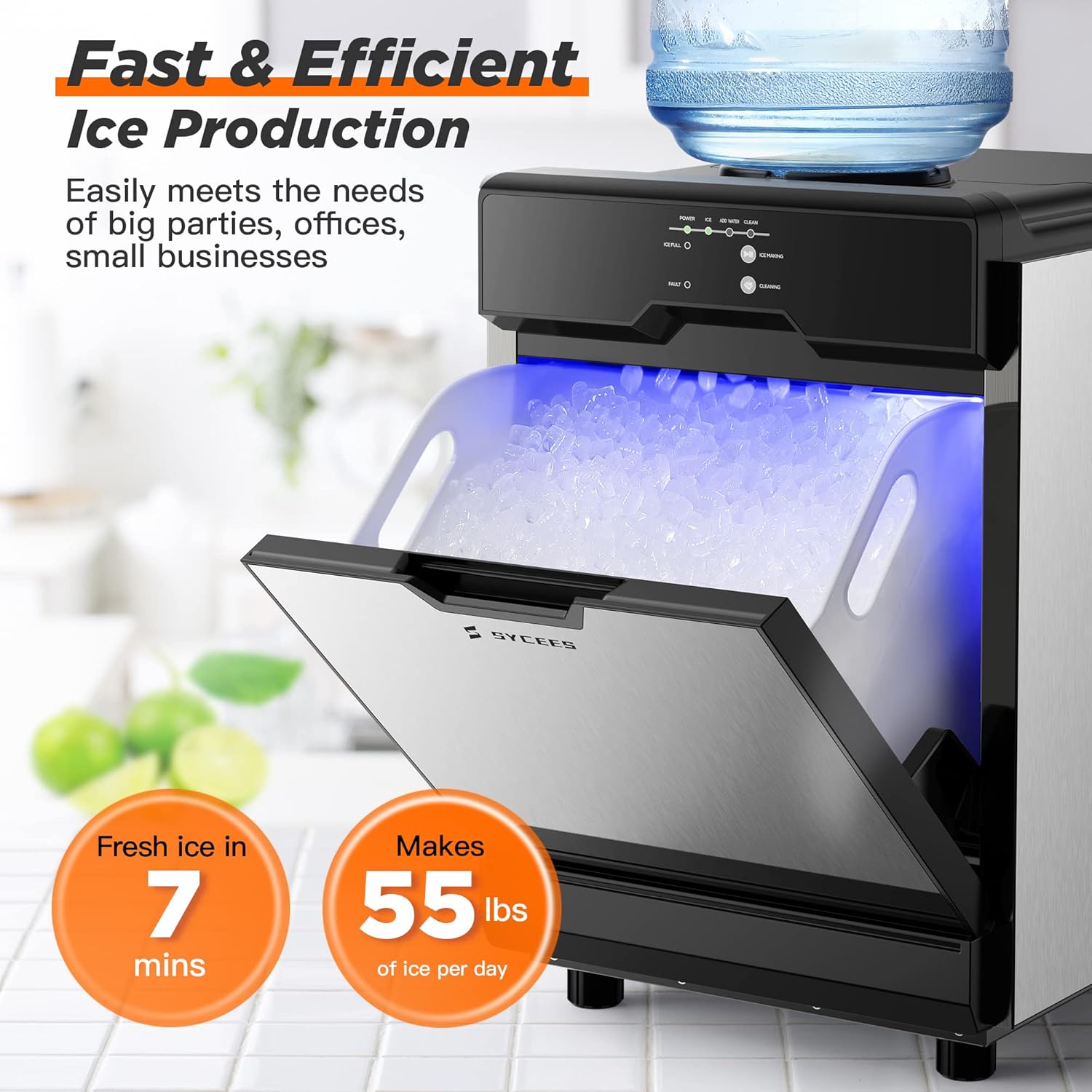SYCEES Nugget Ice Maker Countertop, 55lbs High Output, 13lbs Large ...