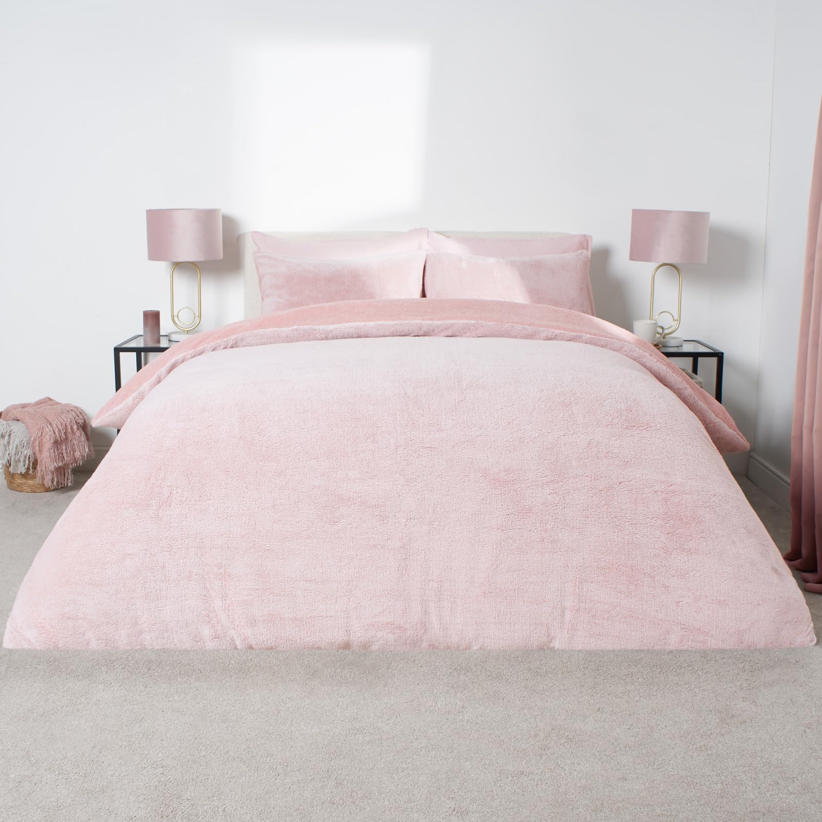 OHS Double Duvet Set Blush Pink Teddy Marl, Double Bed Duvet Cover Set ...